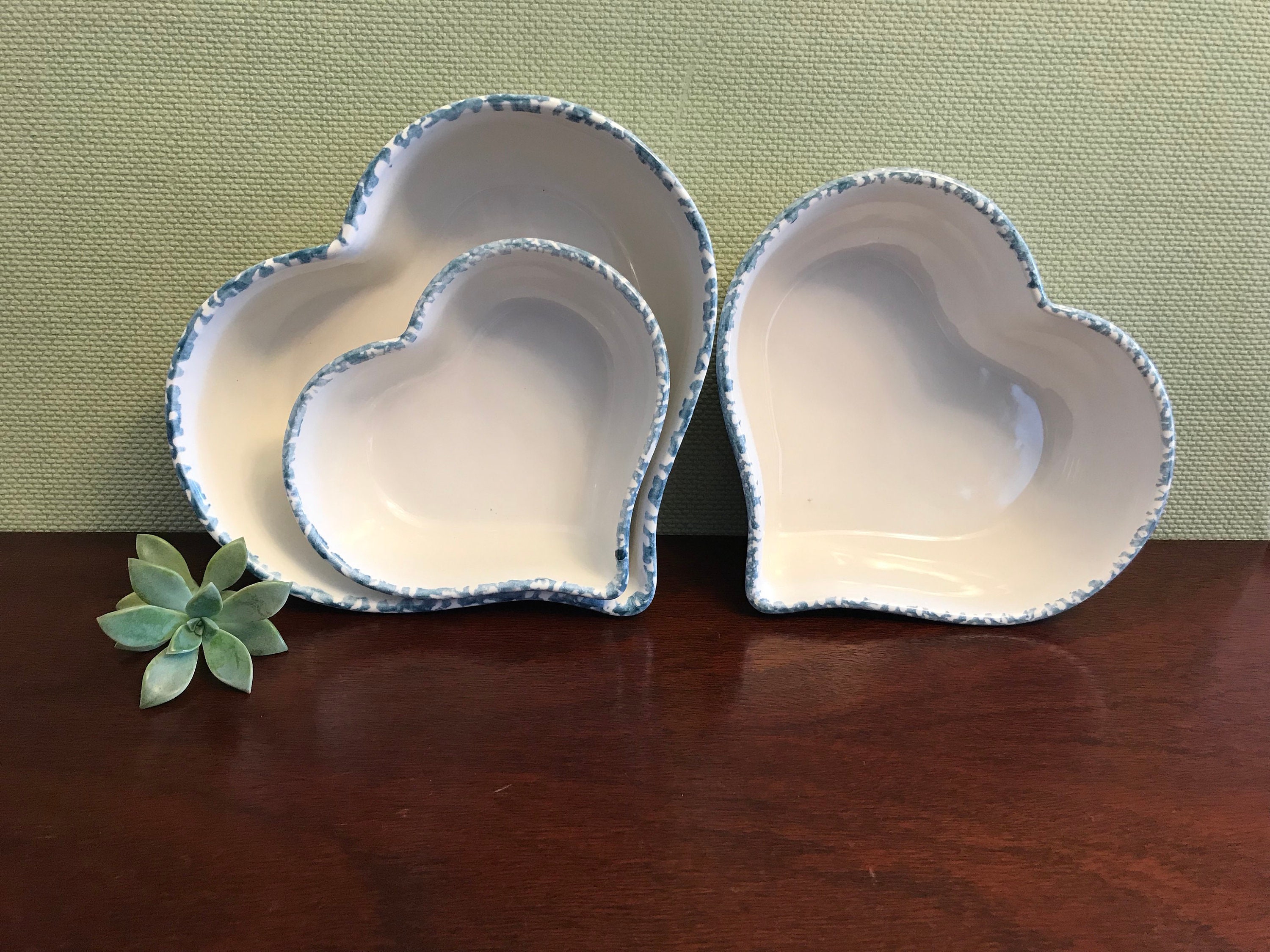 Heart shaped ceramic bowls, blue spongeware bowl set, nesting bowls ...