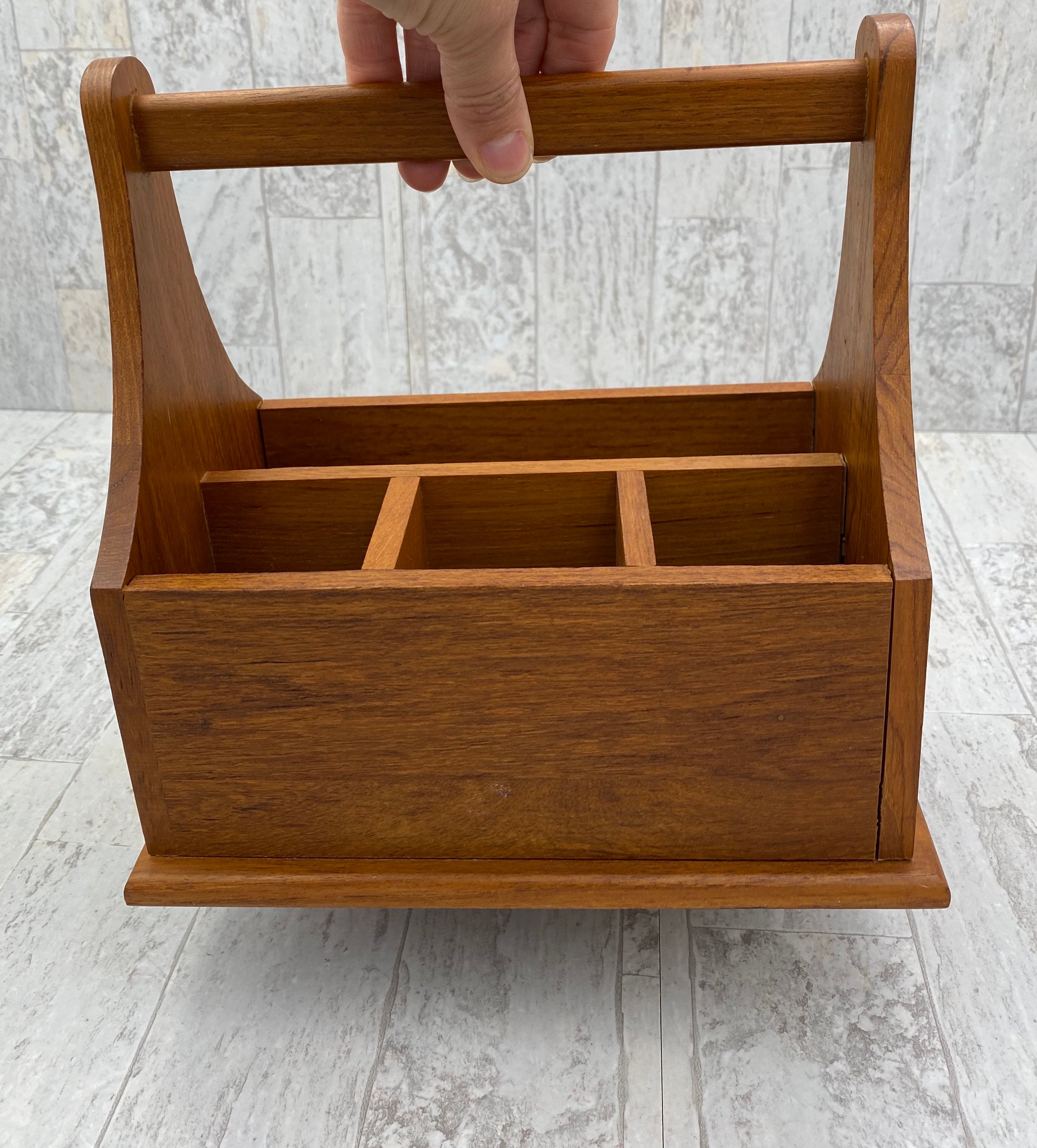 Vintage Flatware caddy, Teakwood silverware holder, Utensil carrying ...