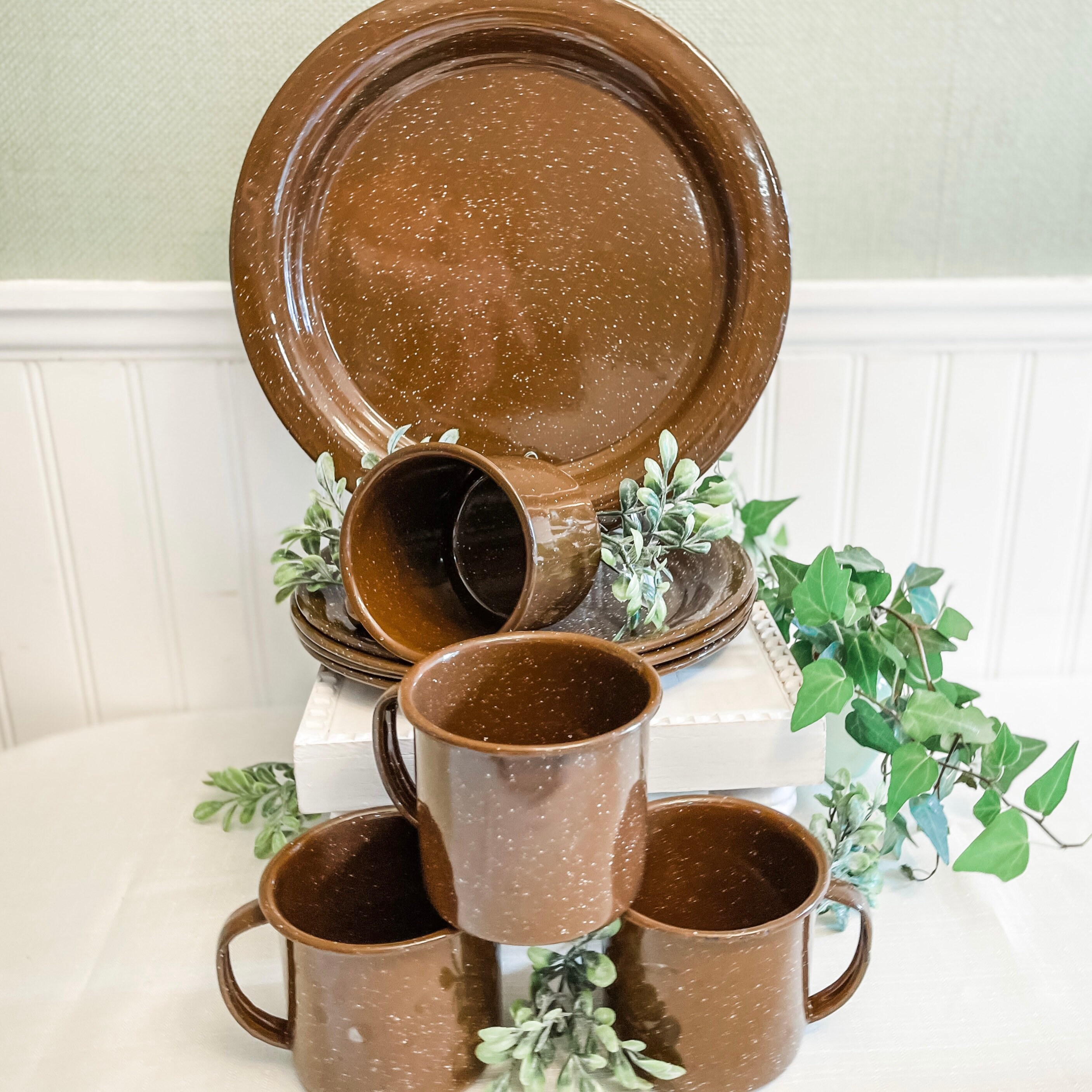 Graniteware Dish set, Brown enamelware camping Dishes, Rustic cabin ...