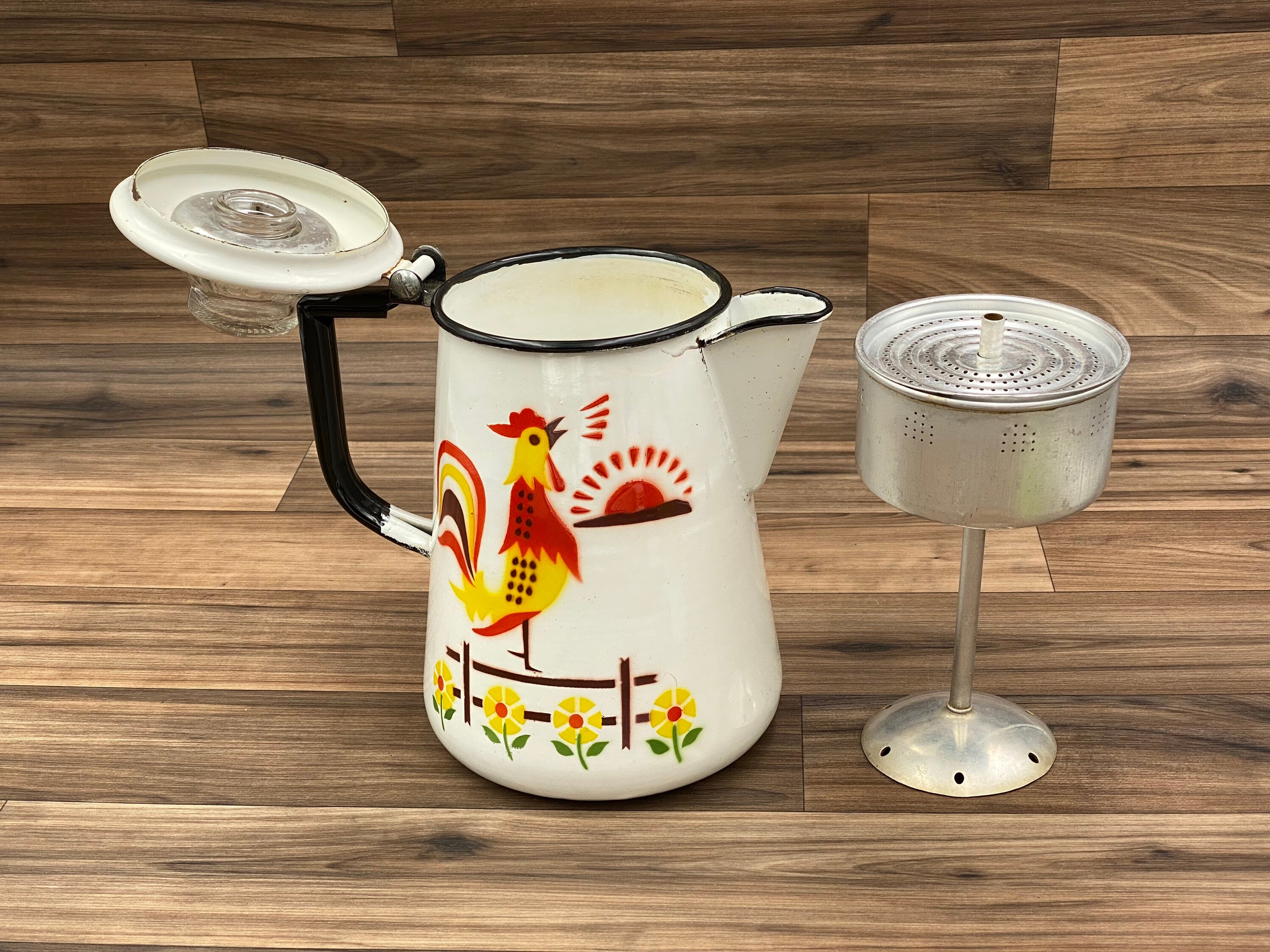 Vintage Enamelware Coffee pot, Rooster and sunflowers, rustic farmhouse ...