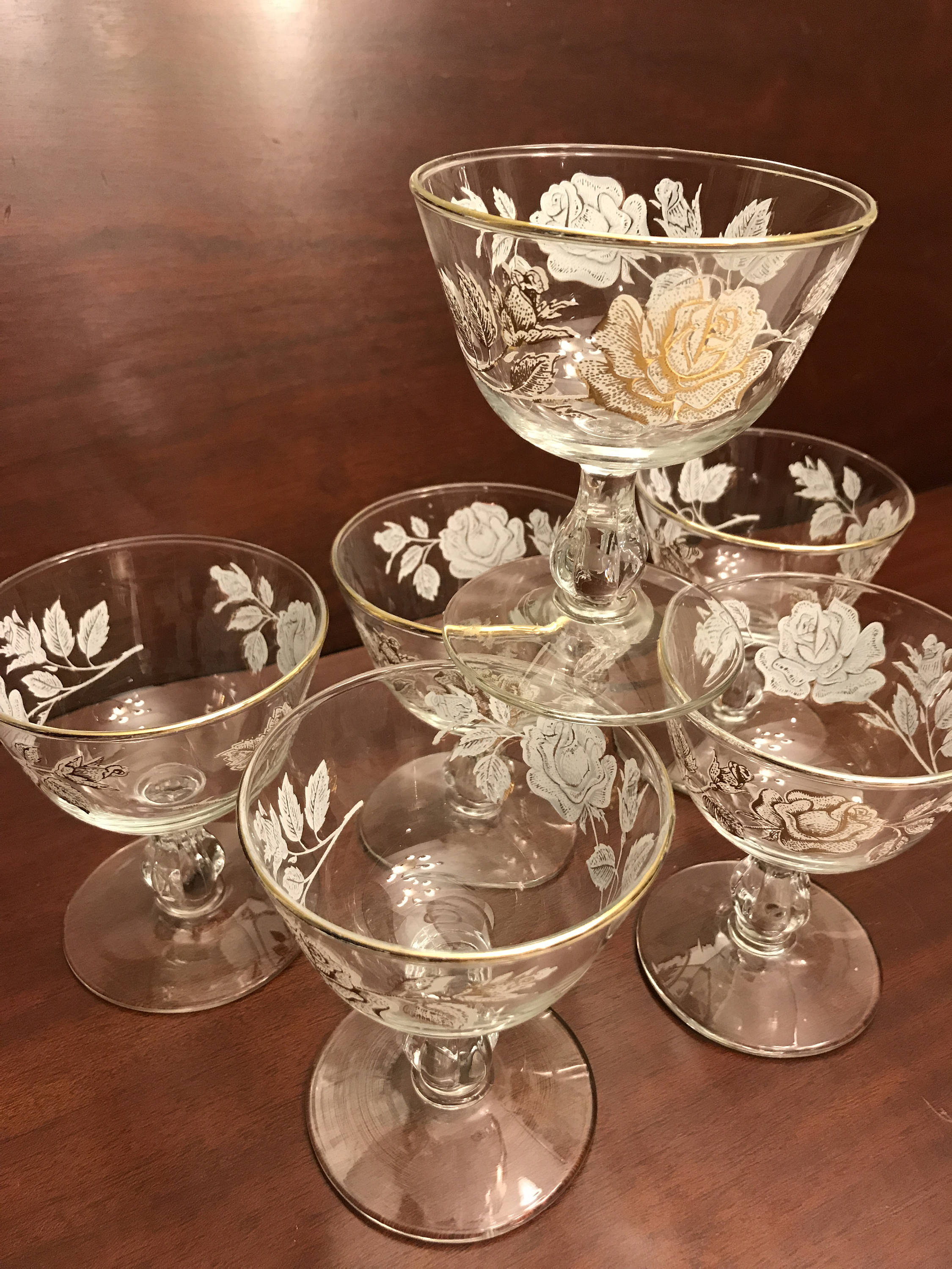 Libbey White Roses Sorbet glasses, vintage White and Gold glasses, set ...