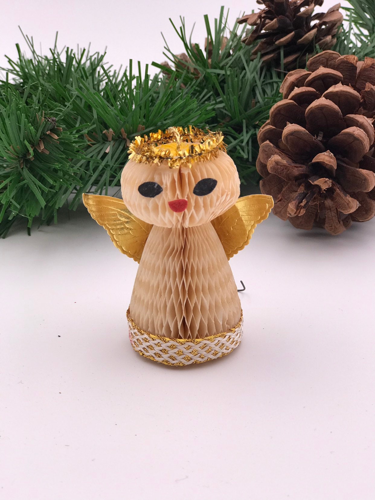 Vintage Honeycomb Angel ornament, 1960s tissue paper chenille and gold ribbon angel, Christmas ...