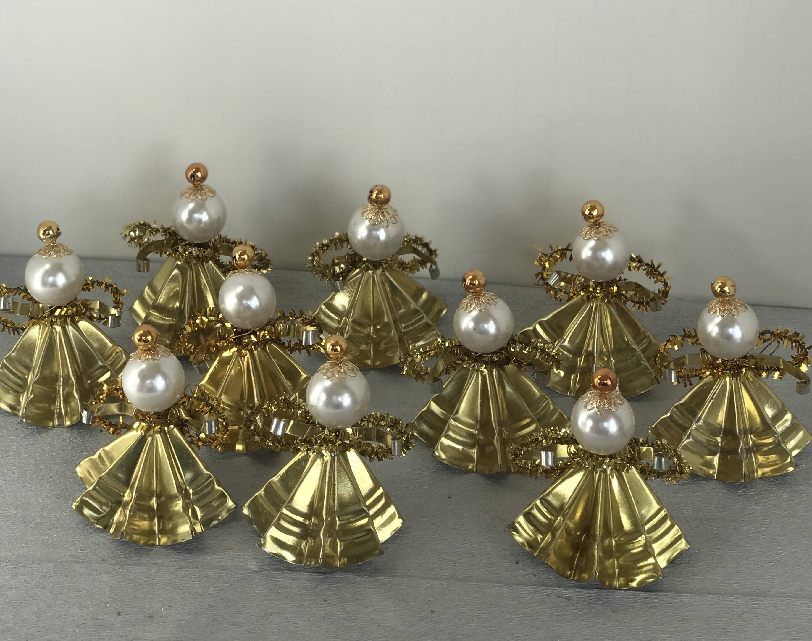 Vintage Handmade Angel Ornaments, Tin tinsel and bead Angels, Choir of ...