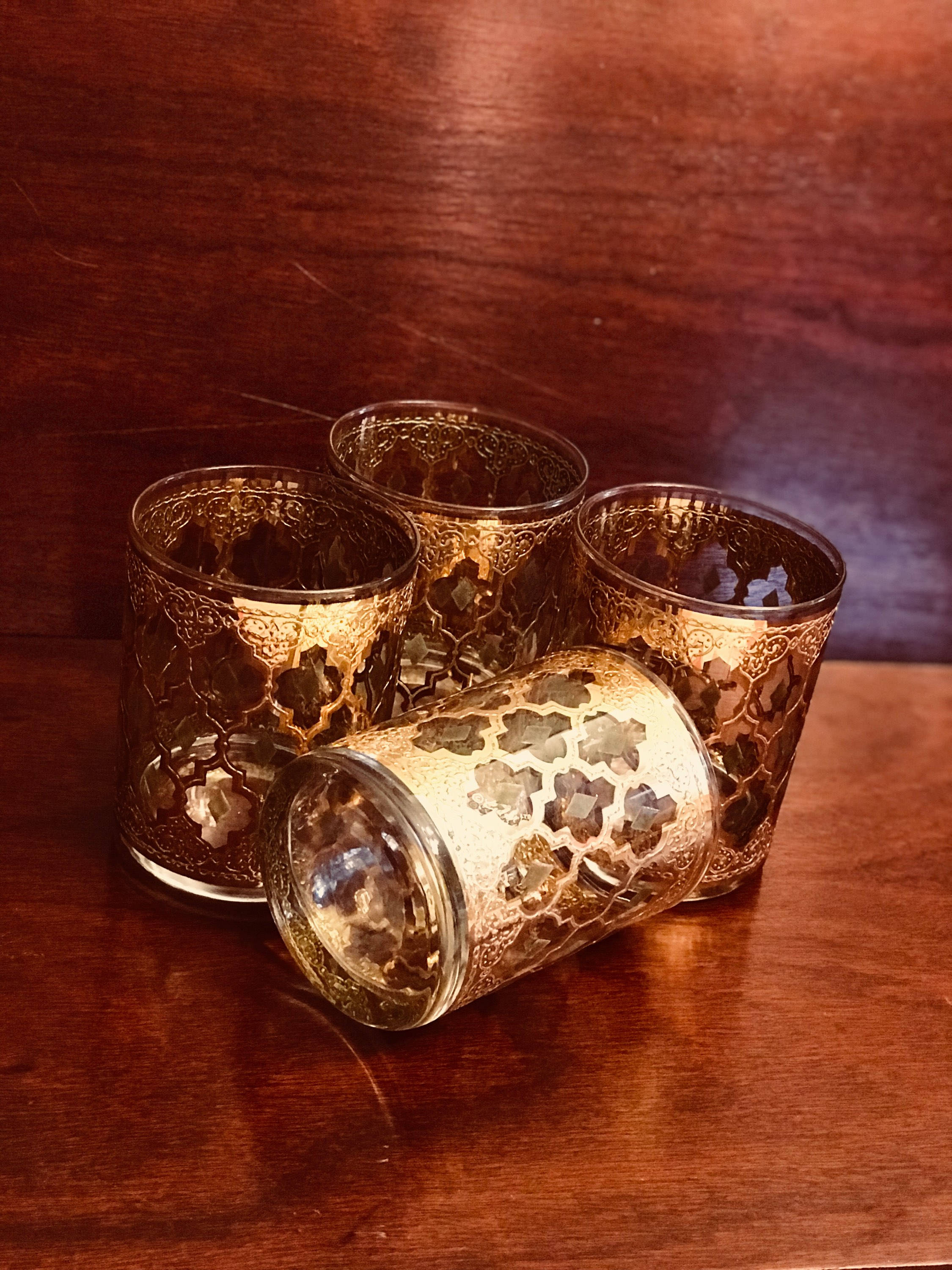 Vintage Culver Glasses Valencia 22k Gold Embossed Glasses Green Jewel Signed Culver