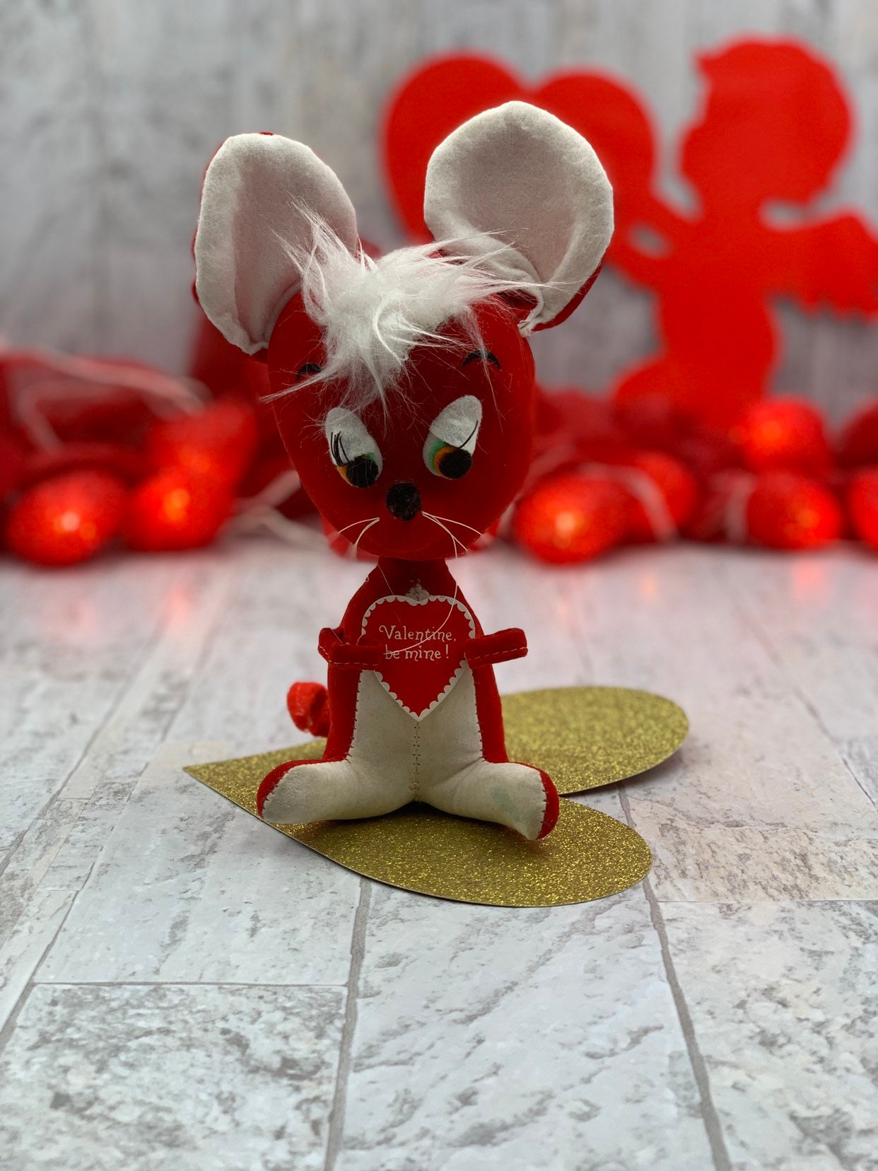 Vintage Red Velvet Valentine Mouse, Stuffed Be My Valentine Big eared ...