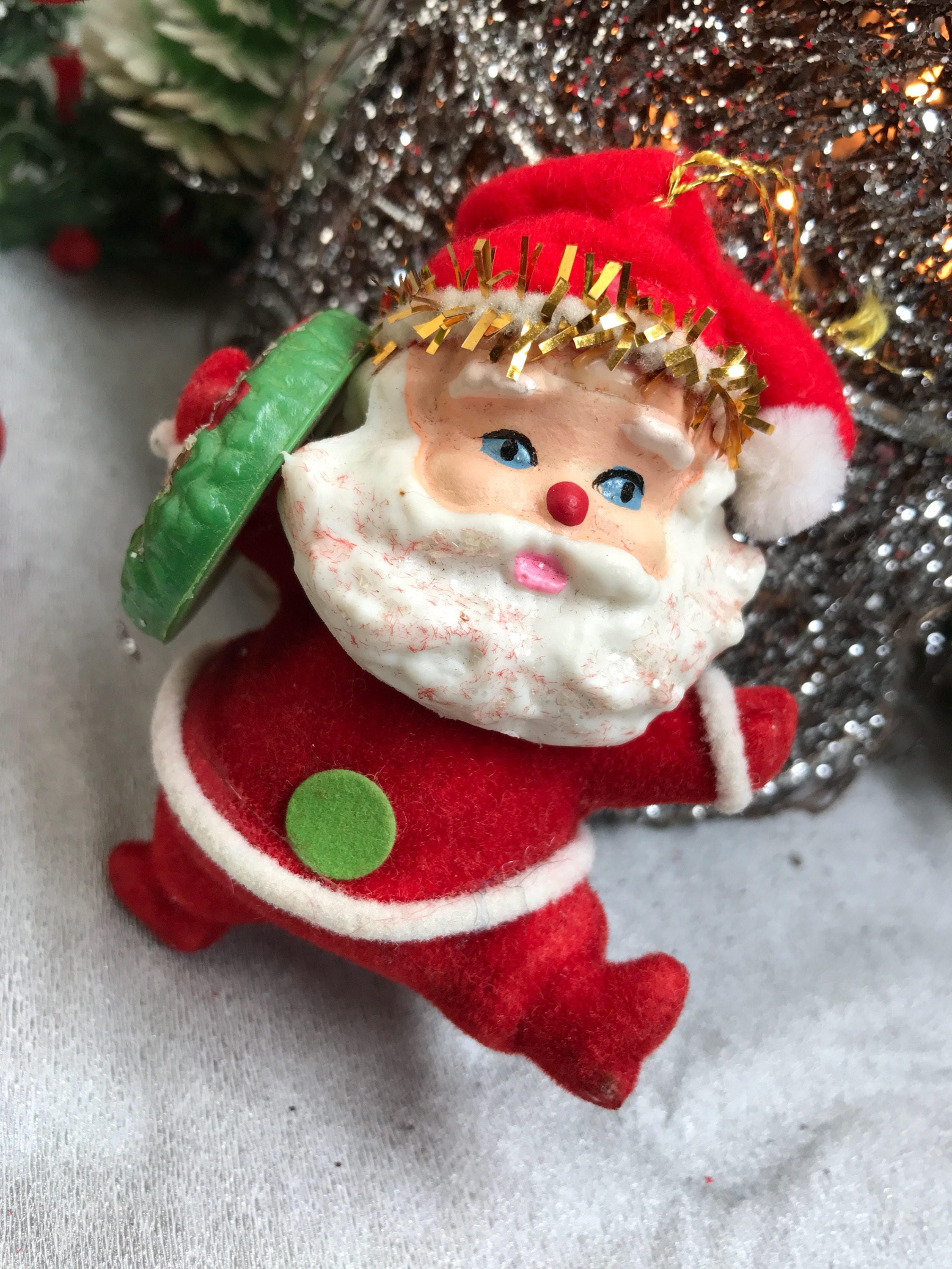 Vintage Dancing plastic Santa ornament, red flocked Santa holding ...