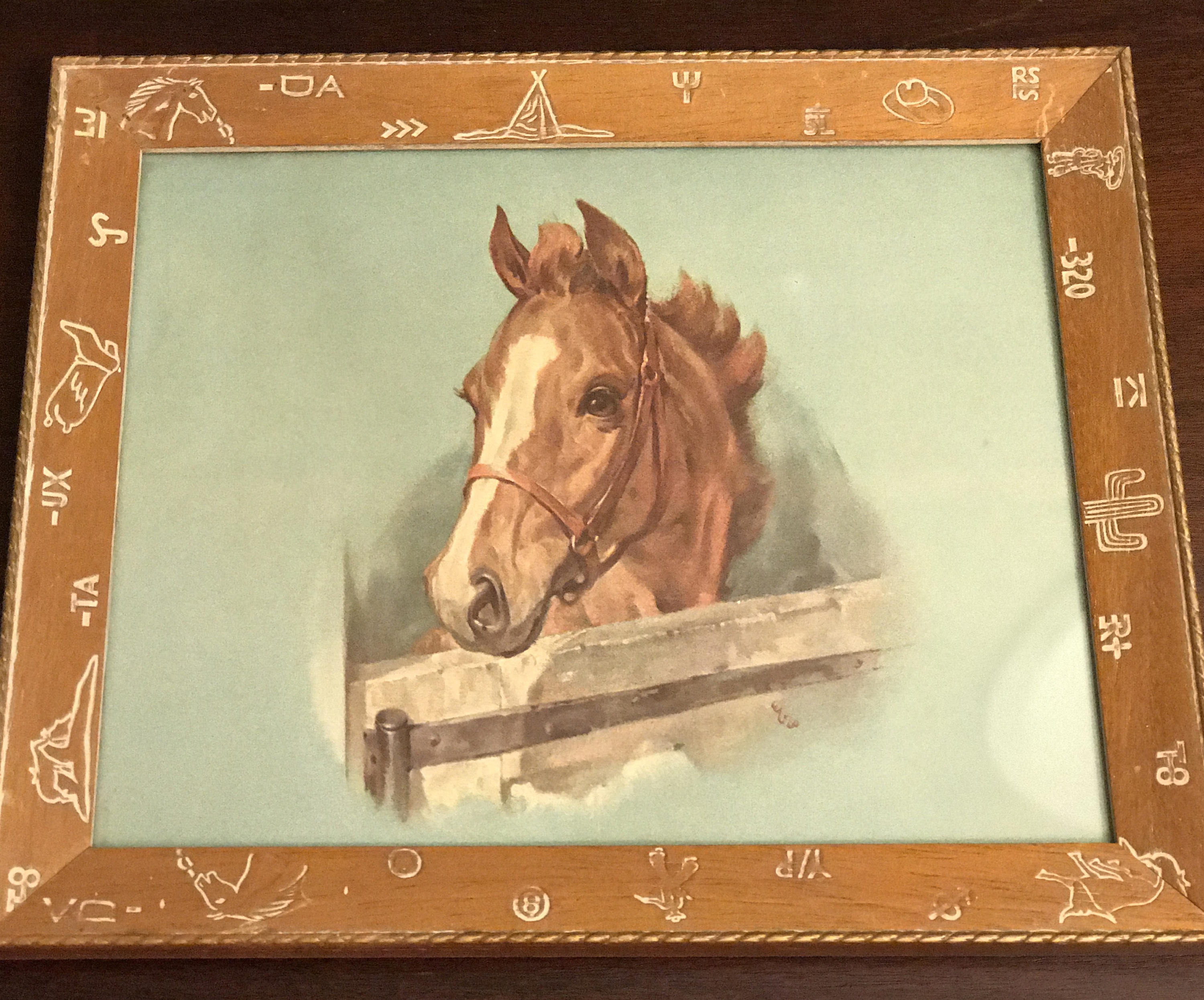 Vintage Horse Print signed by artist, wood frame with western theme ...