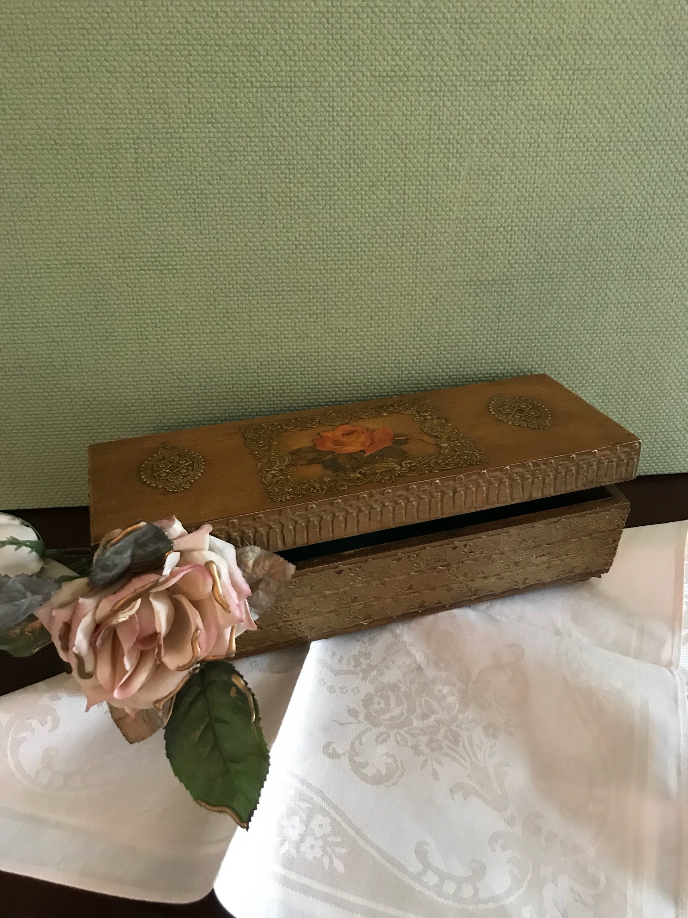 Vintage Wooden Box, Rose Decoupage Keepsake Trinket Box, gold lace ...