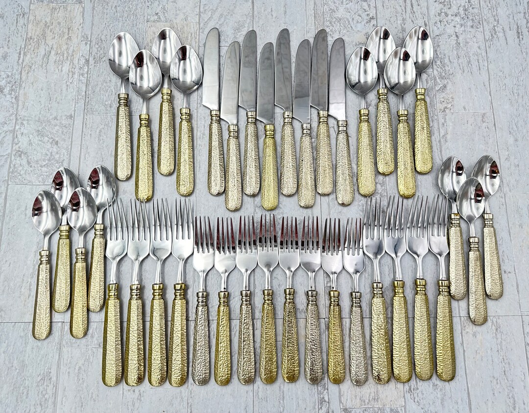 Vintage Pier 1 Gold Hammered Flatware Set - Stainless Steel Silverware ...