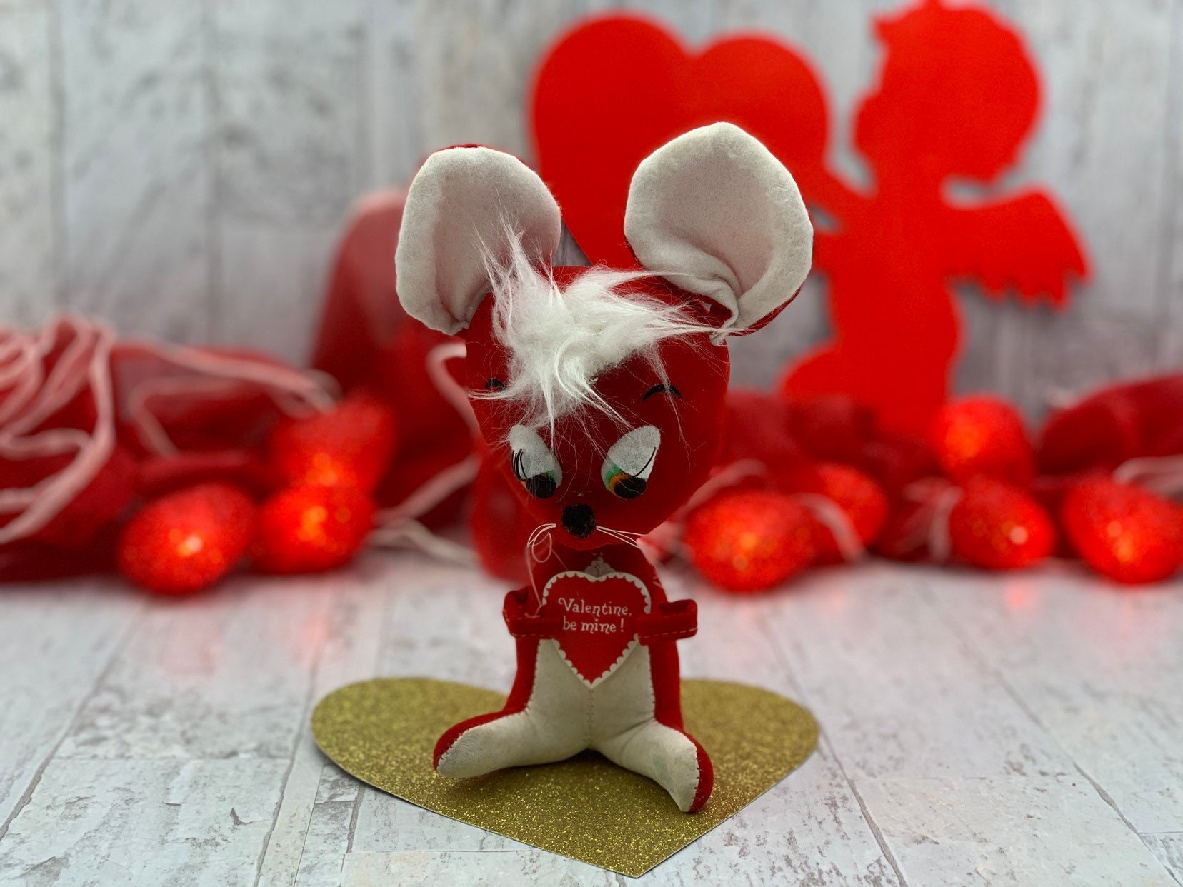 Vintage Red Velvet Valentine Mouse, Stuffed Be My Valentine Big eared ...