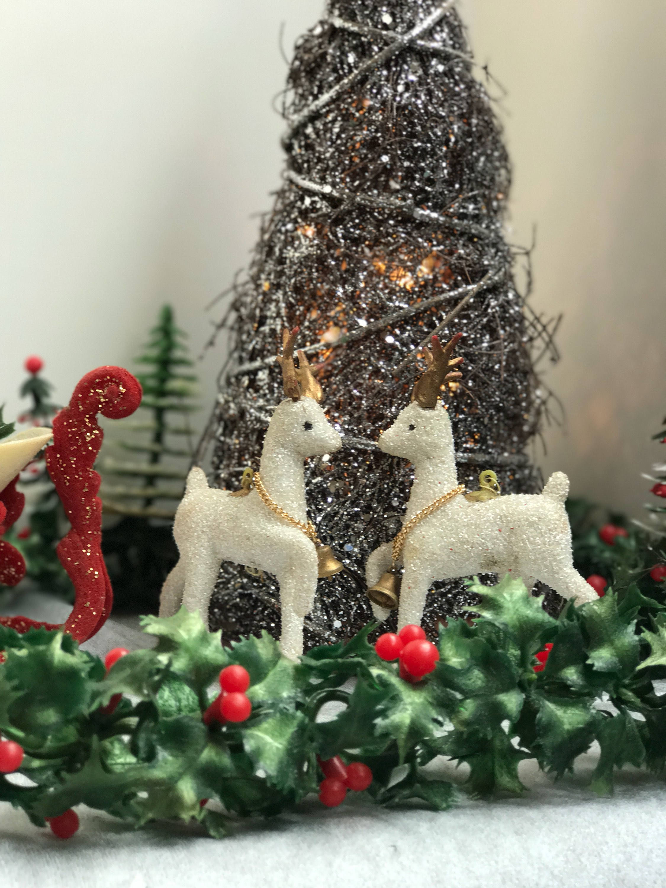 Vintage flocked White Reindeer ornaments, White and gold reindeer ...