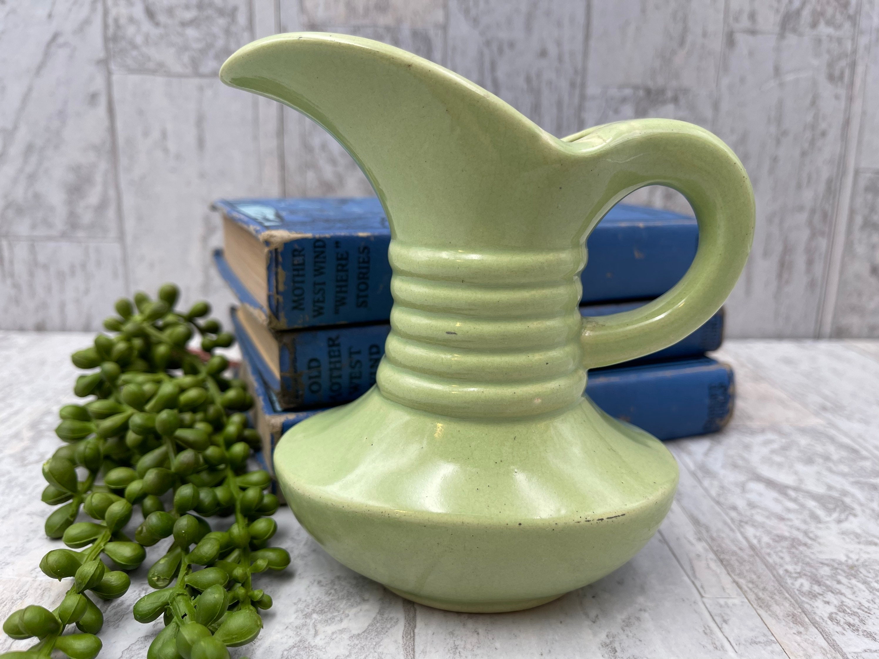Vintage Pitcher, small light green ceramic USA Mid Century Pottery