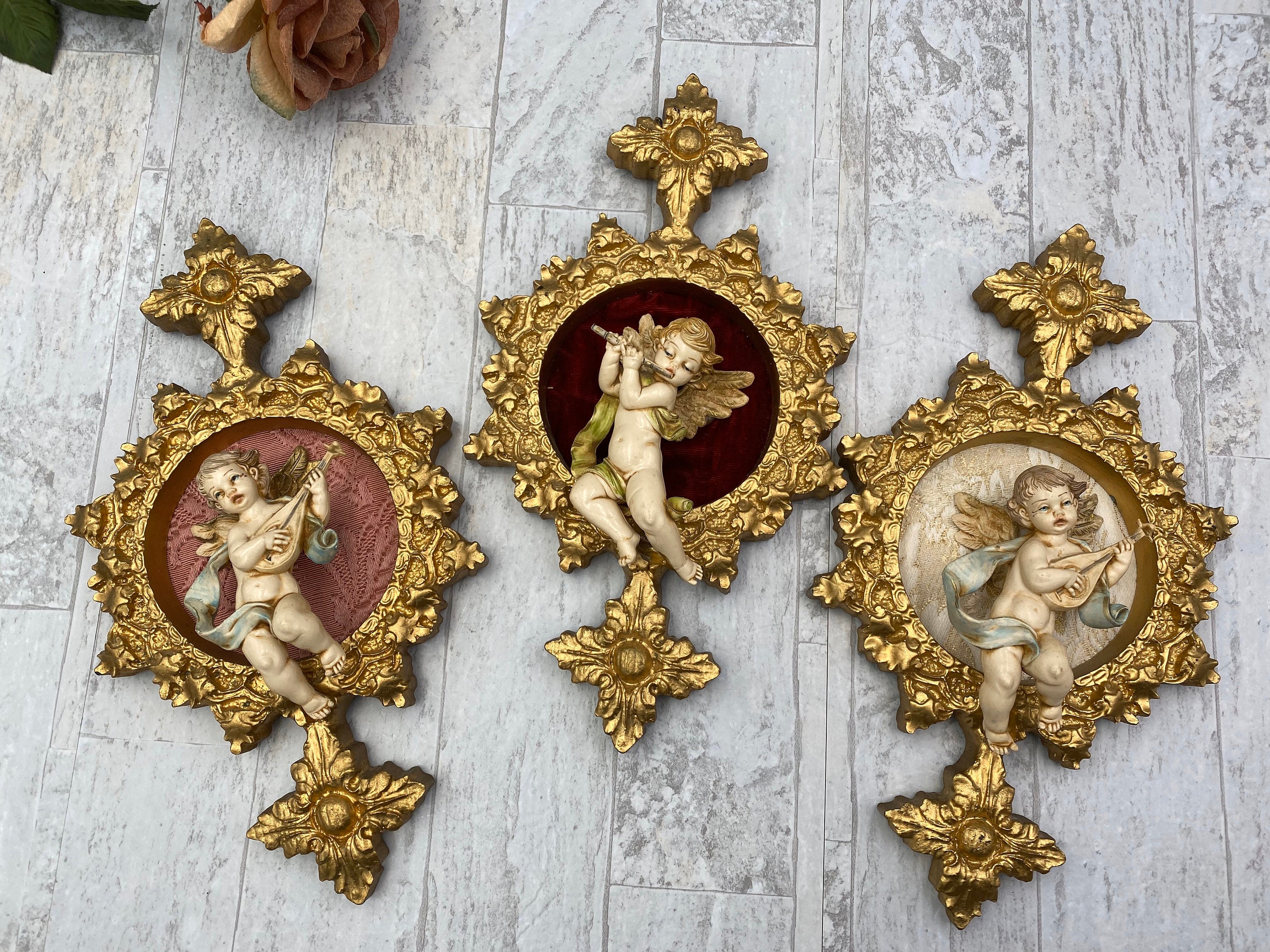 Vintage painted Cherubs, Angels wall plaques, musical Angel figurines ...