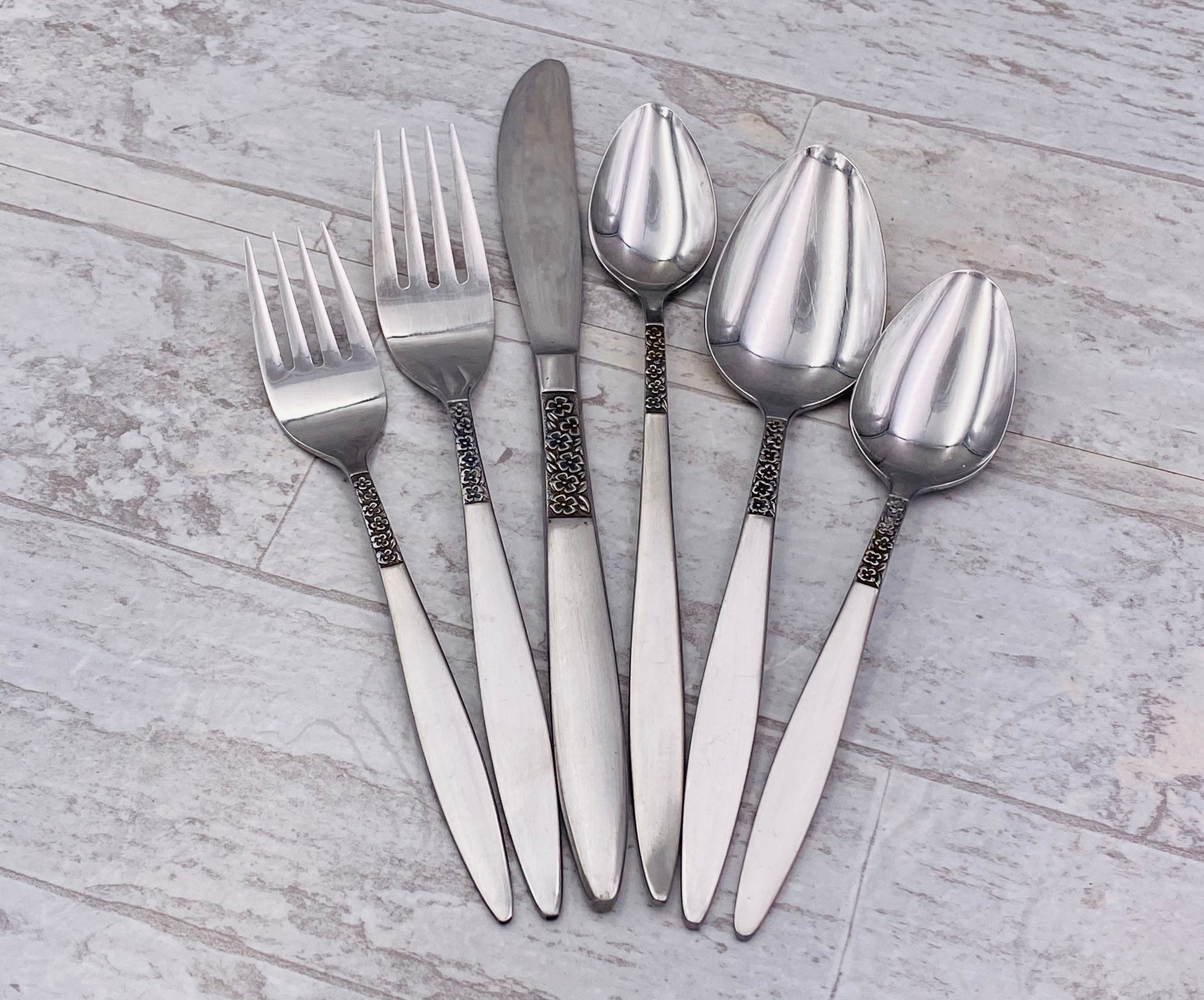 Vintage Stainless Flatware set by Riviera Daisy Floral handle MCM ...
