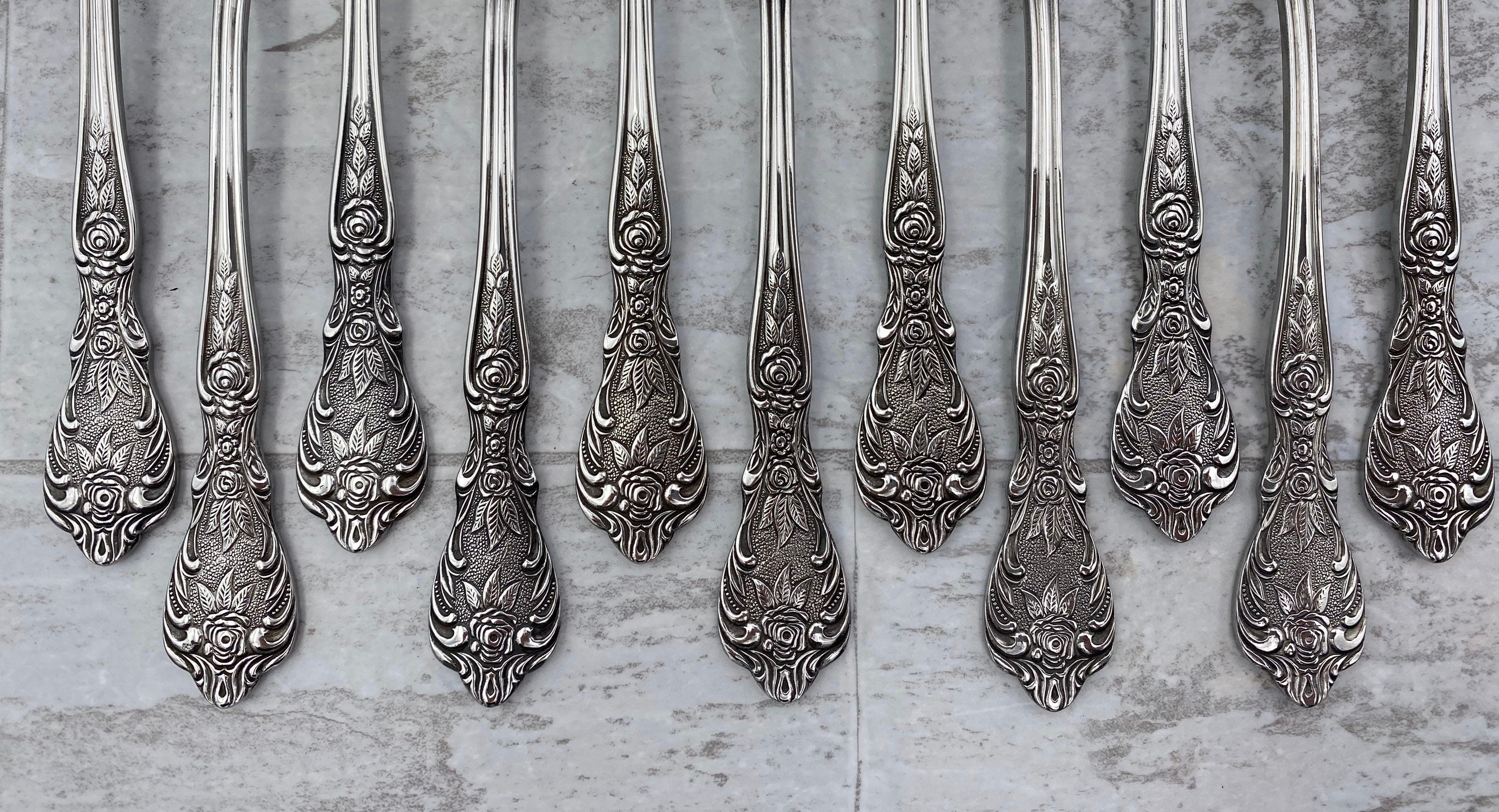 Vintage Stainless Flatware Set, Large Service for 12 Rose Pattern ...