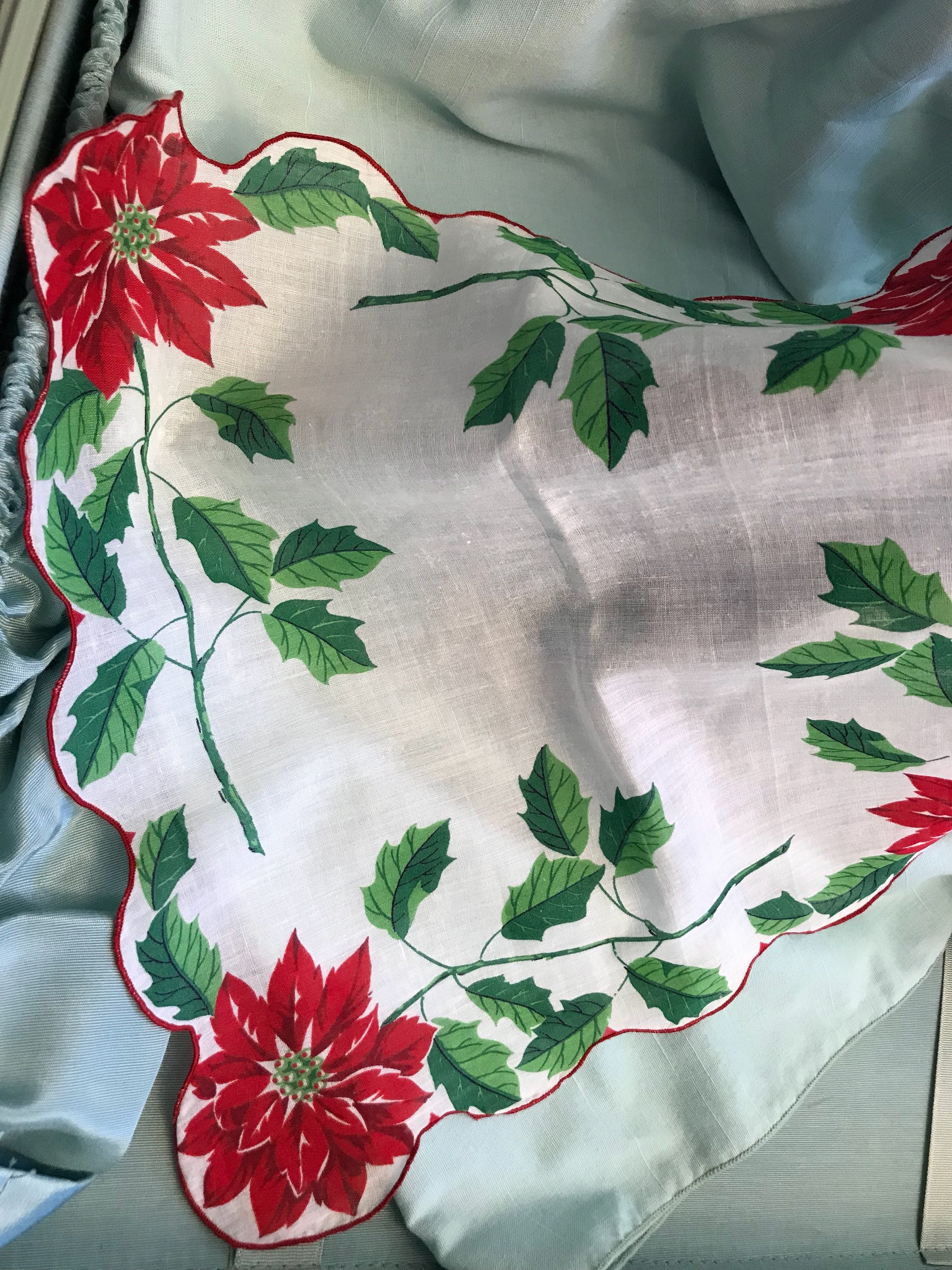 Vintage Christmas Handkerchief, Poinsettia Hankerchief, Printed cotton ...