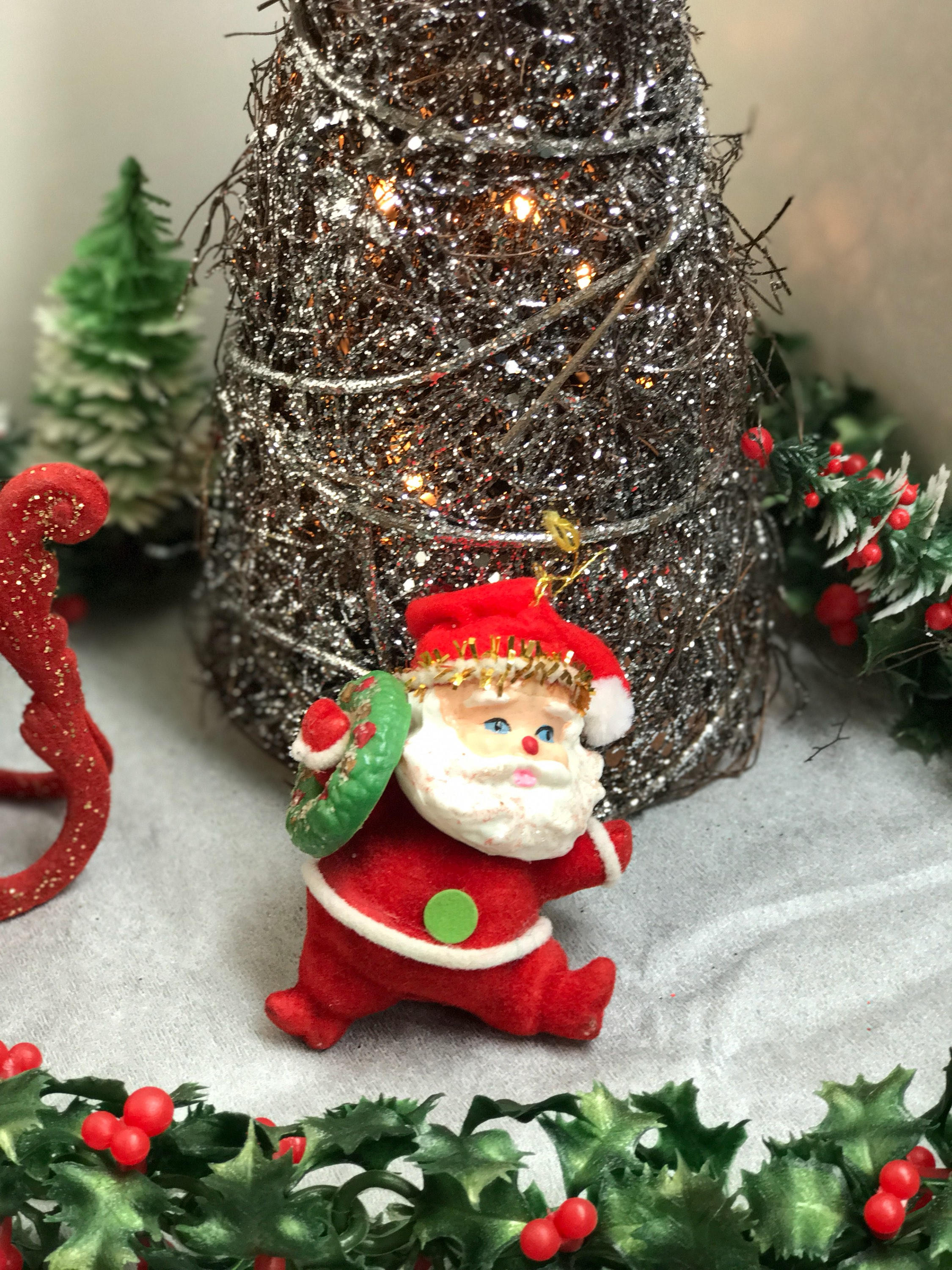 Vintage Dancing plastic Santa ornament, red flocked Santa holding ...