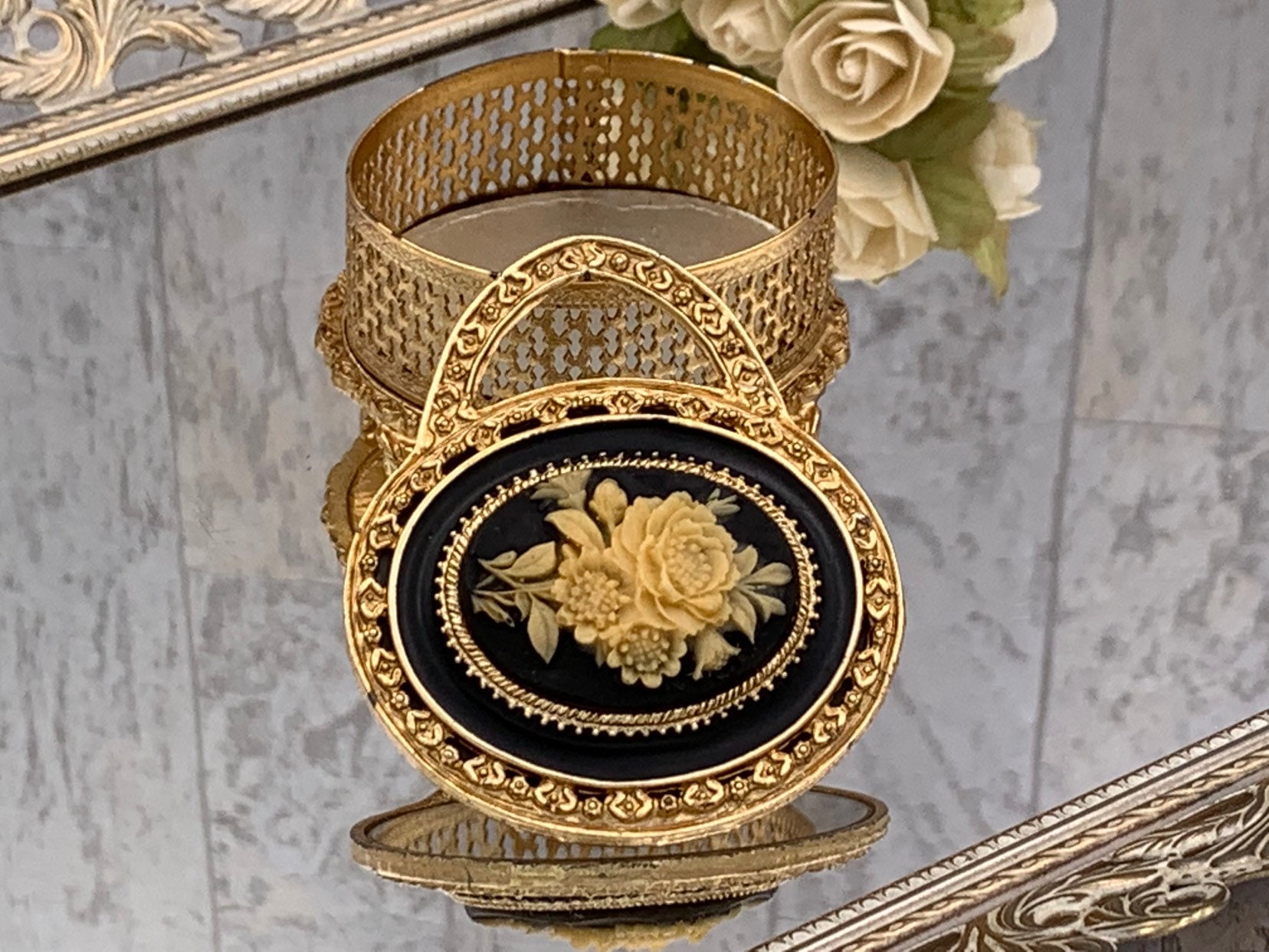 Florenza Gold Trinket box, Floral Purse shaped Mirror Lid, Gold Ring ...