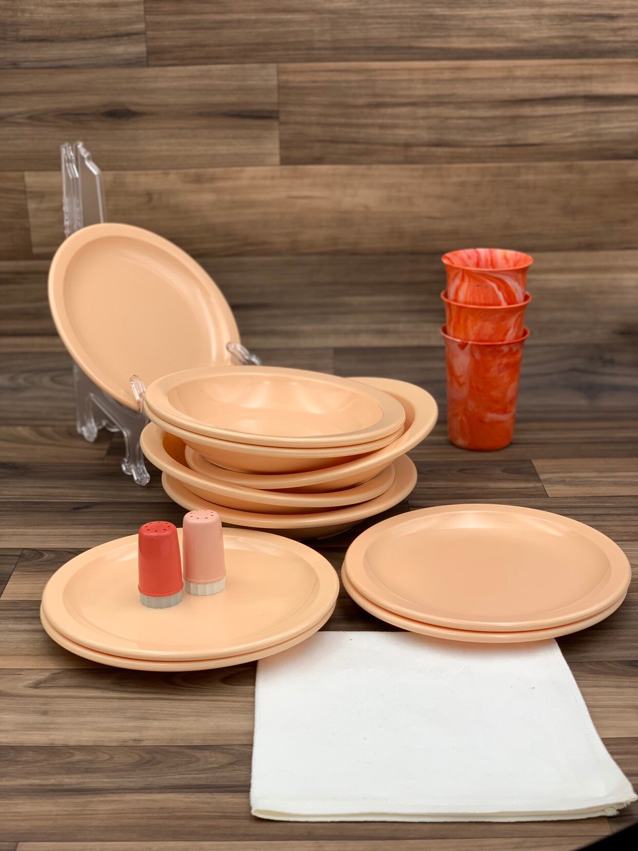 Vintage Melmac Dish set, Peach Dallasware bowls Texasware Plates Picnic ...