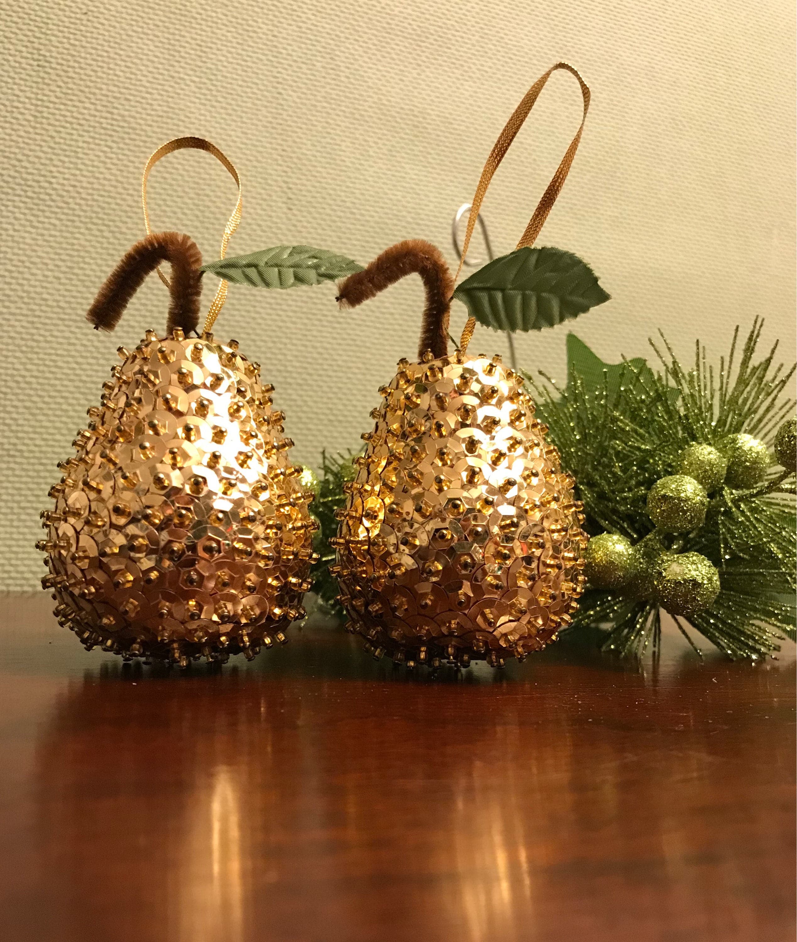 Vintage Gold Pears, Beaded Sequined Christmas Ornaments, golden Baubles ...