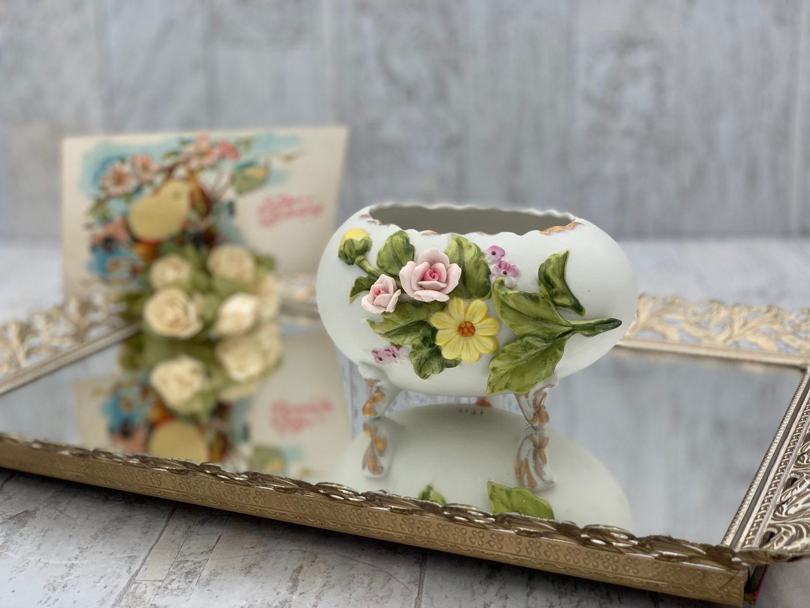 Vintage Lefton Porcelain Egg Planter with flowers, Collectible Easter ...