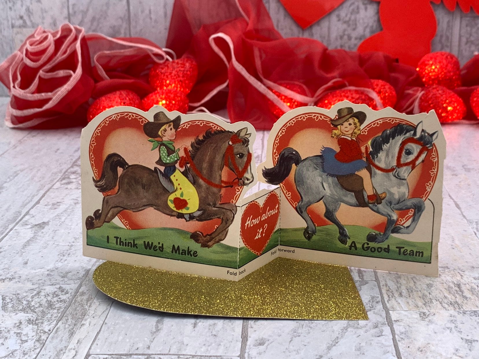 Vintage Flocked Valentines Day cards, folding Cowboy Horse themed die ...
