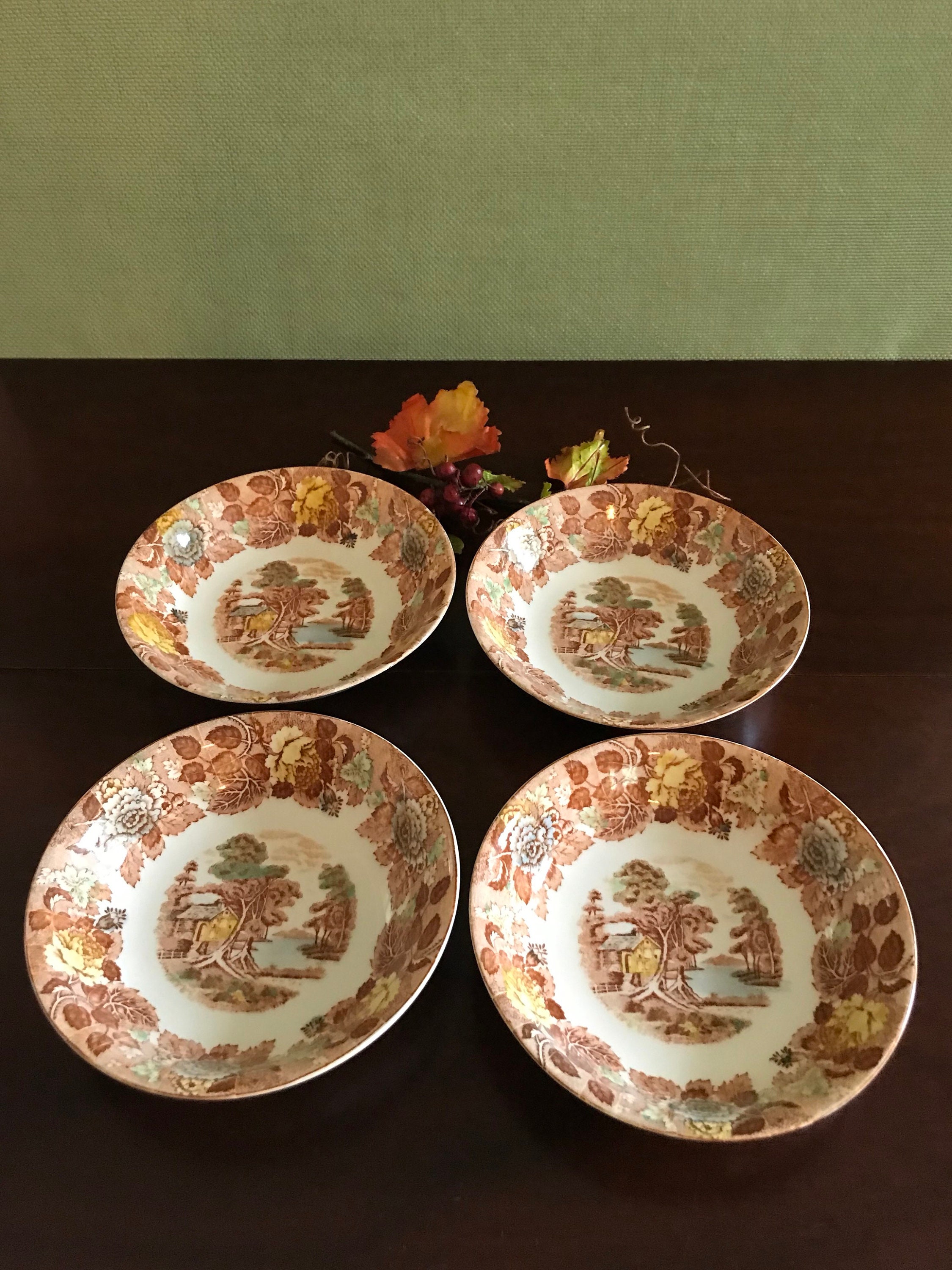 Vintage Transferware Coupe Soup bowls, Nasco Mountain woodland China, 4 ...