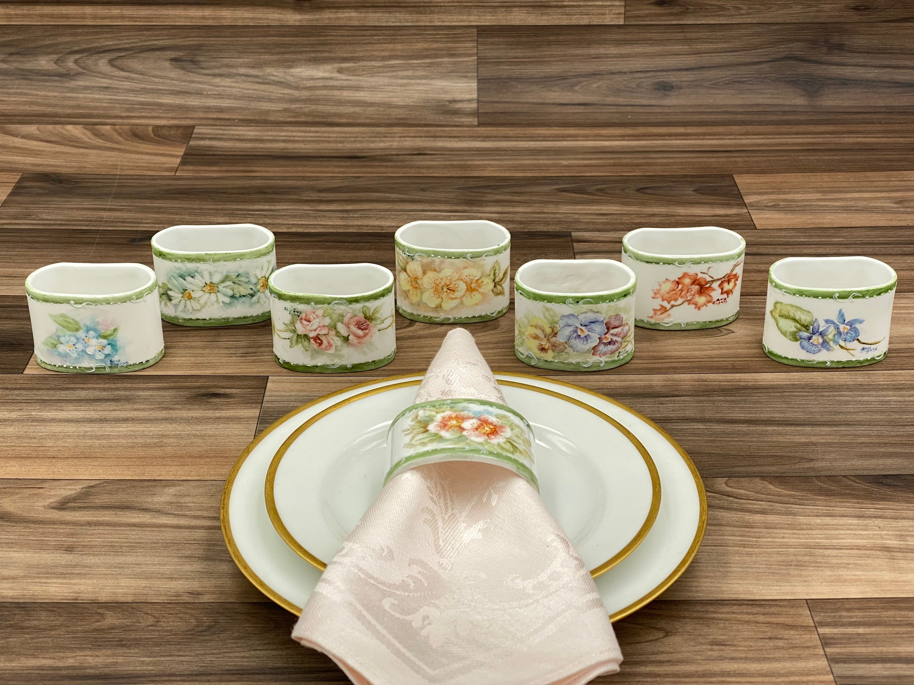 Hand painted Porcelain Napkin Rings Botanical, Set of 8, Vintage ...