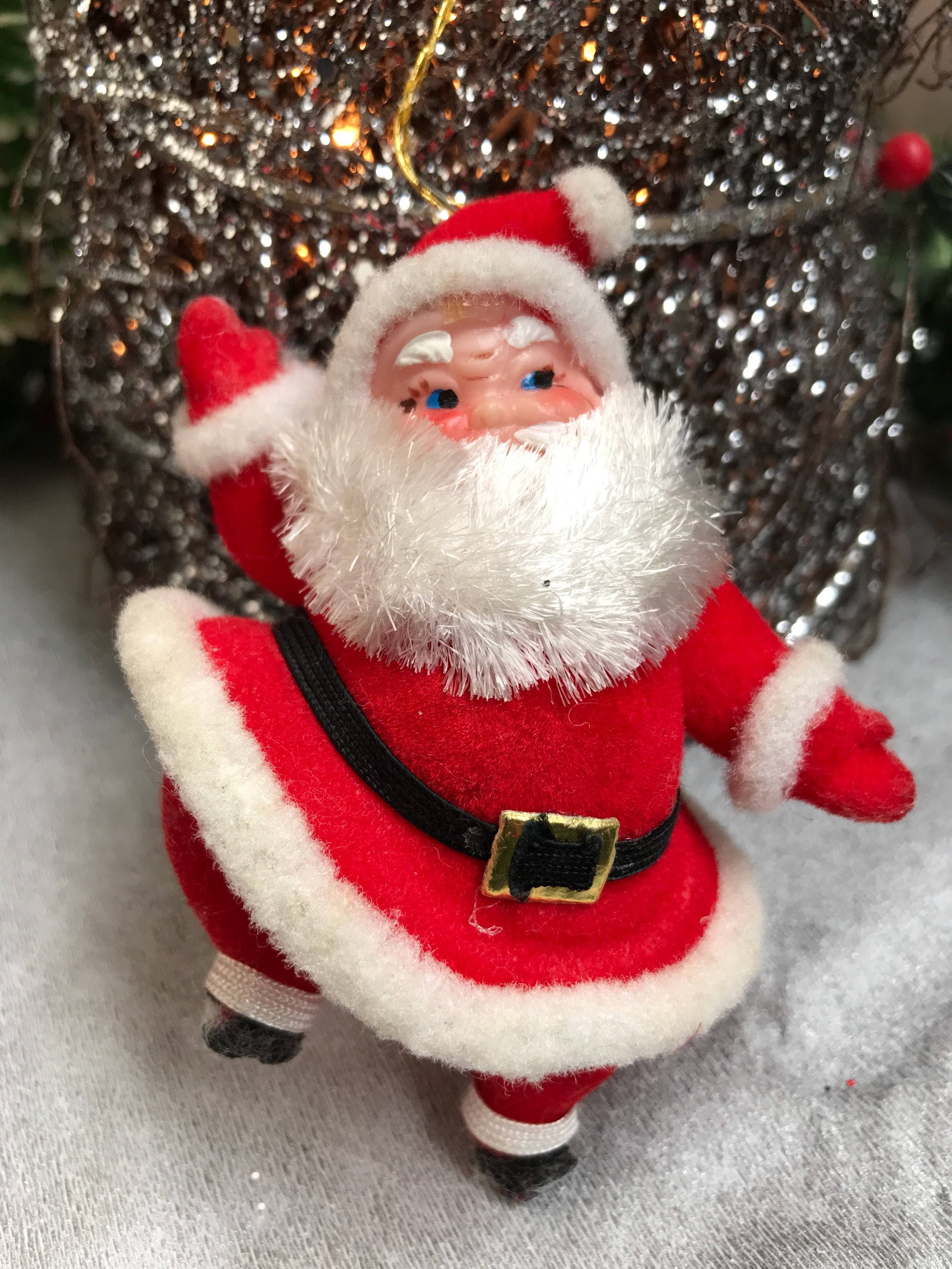 Vintage Dancing Santa ornament, red flocked Santa, mini Santa Figurine ...