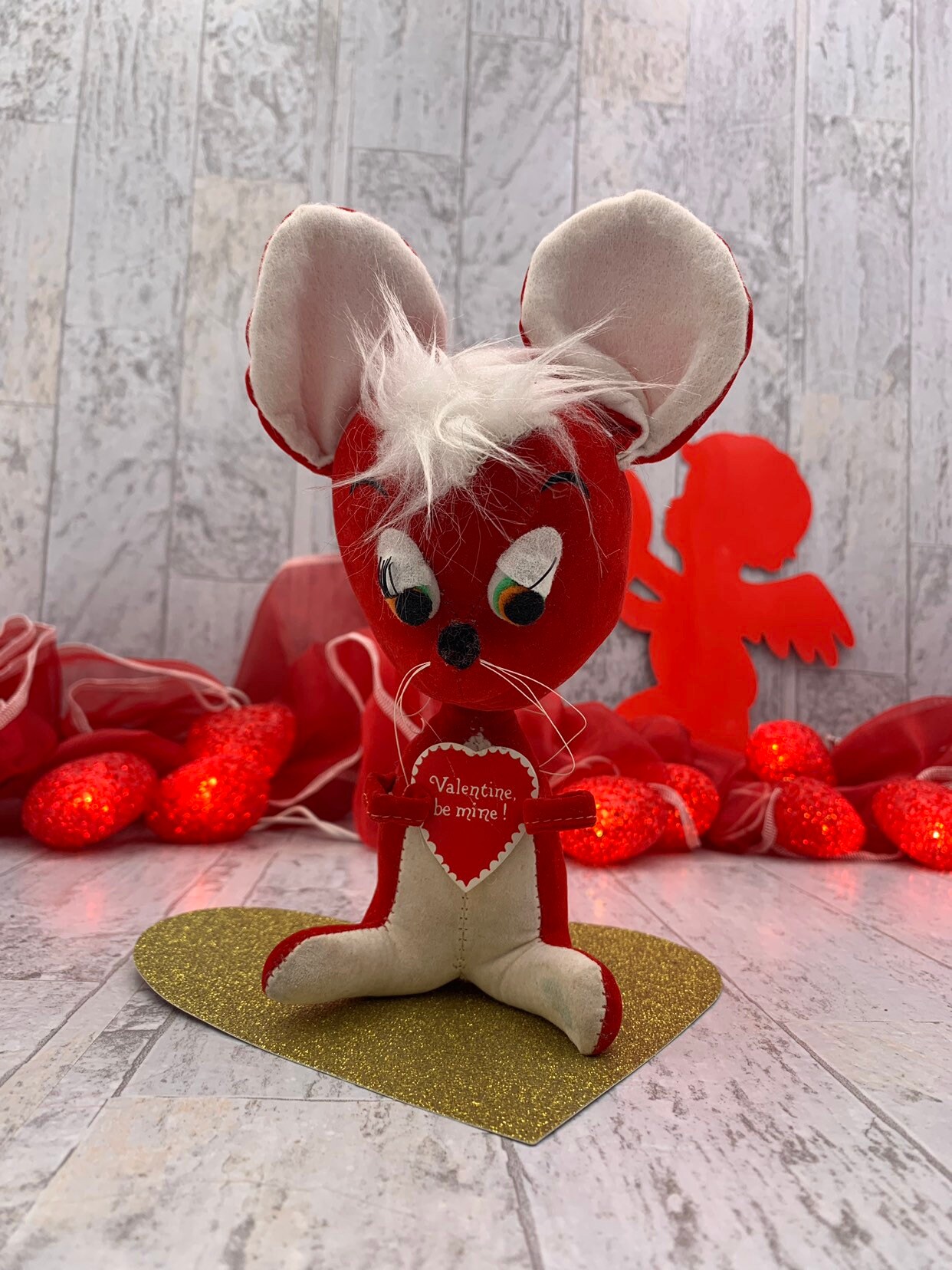 Vintage Red Velvet Valentine Mouse, Stuffed Be My Valentine Big eared ...
