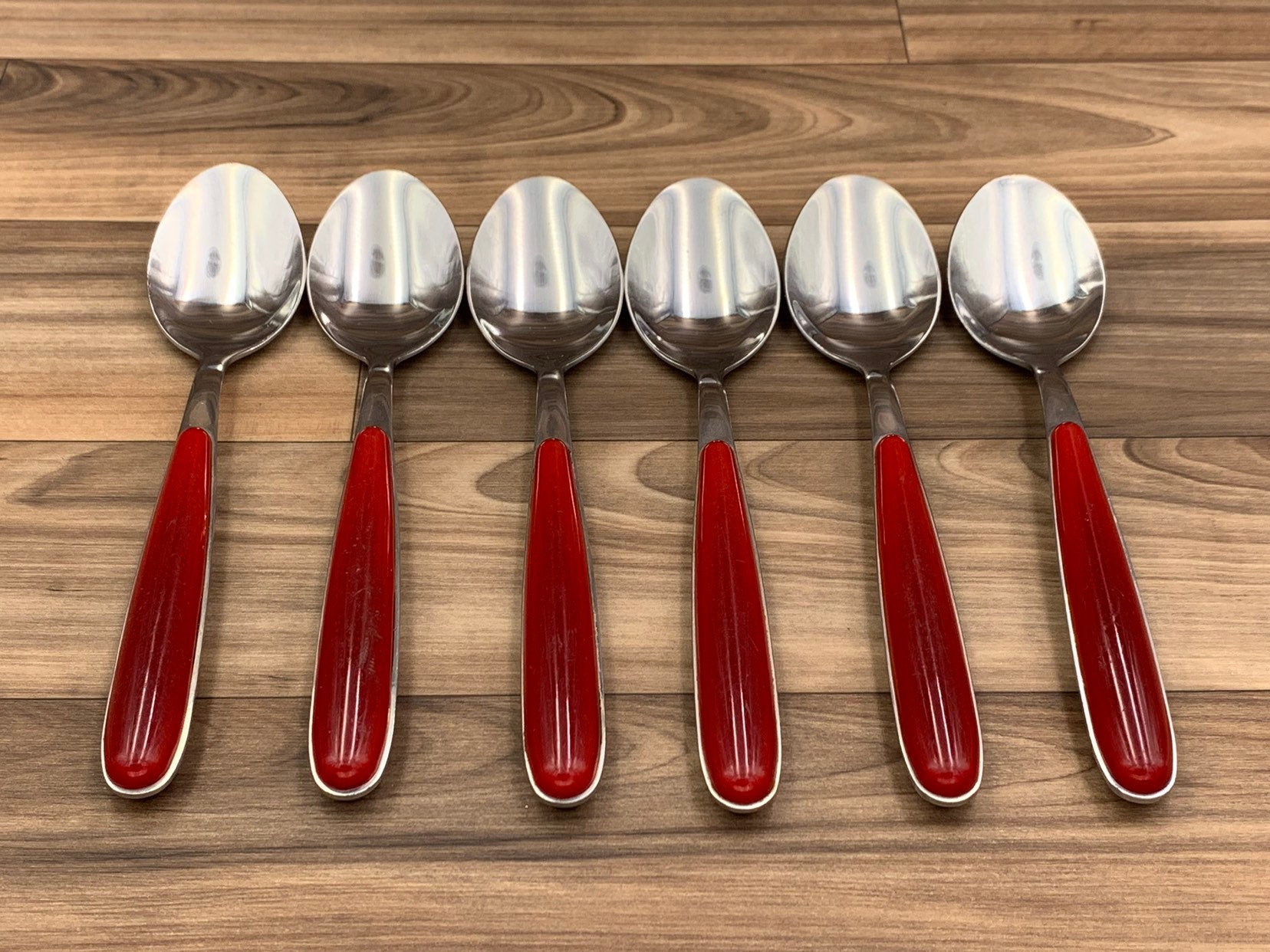 Vintage Flatware set Stainless Steel and Dark Red Plastic Handles ...