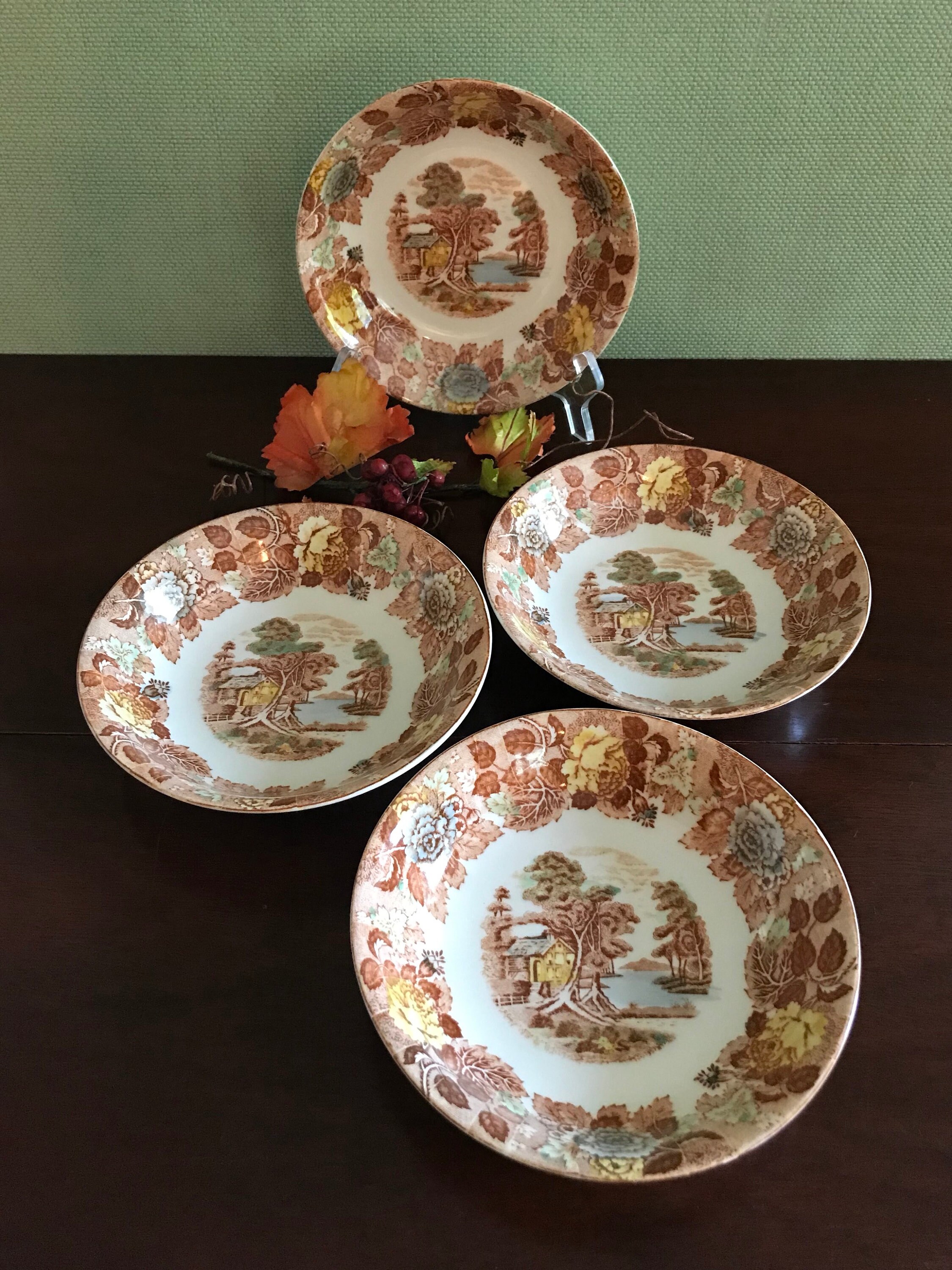 Vintage Transferware Coupe Soup bowls, Nasco Mountain woodland China, 4 ...