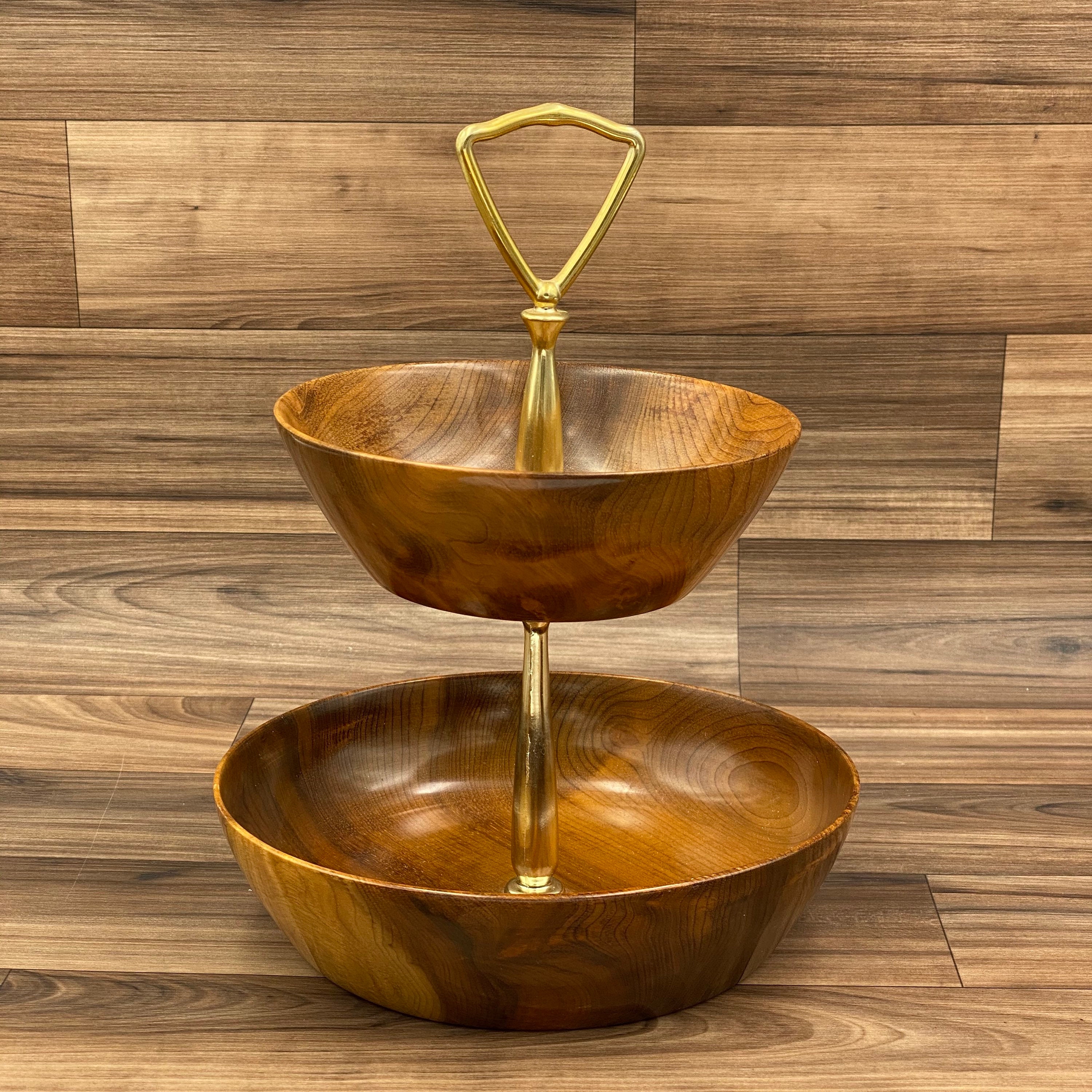 Rare Myrtle wood 2 tier tidbit Serving Bowl trays with handle ...
