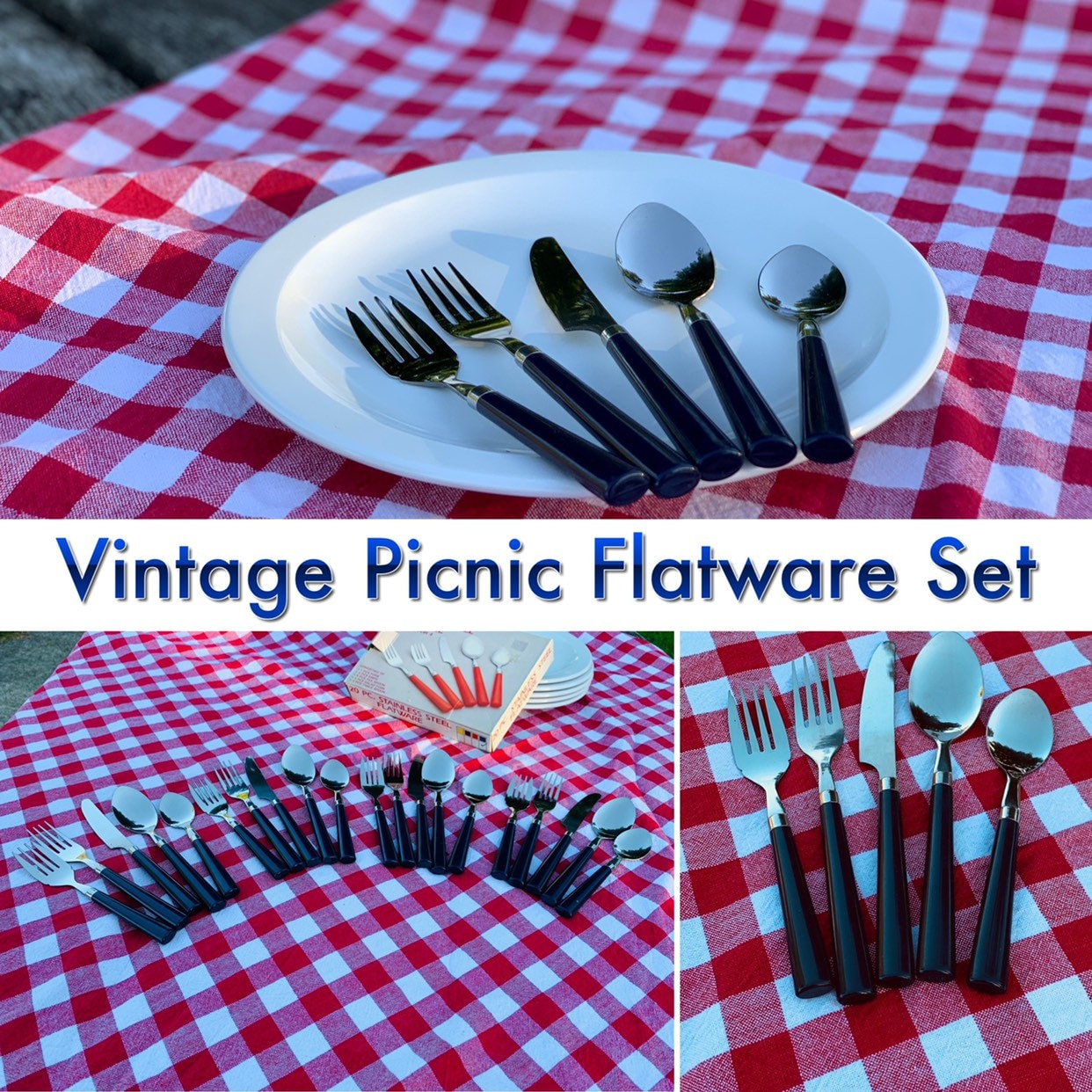 Vintage Flatware set Stainless Steel with Blue Plastic Handles Picnic ...