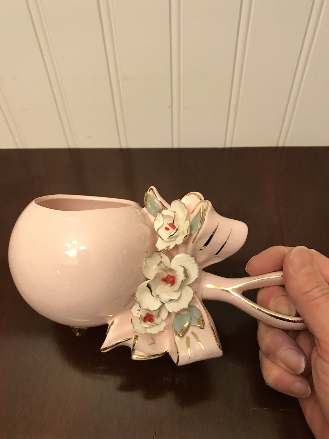 Vintage Pink Bow Baby rattle planter, flowers on pink ceramic, baby ...