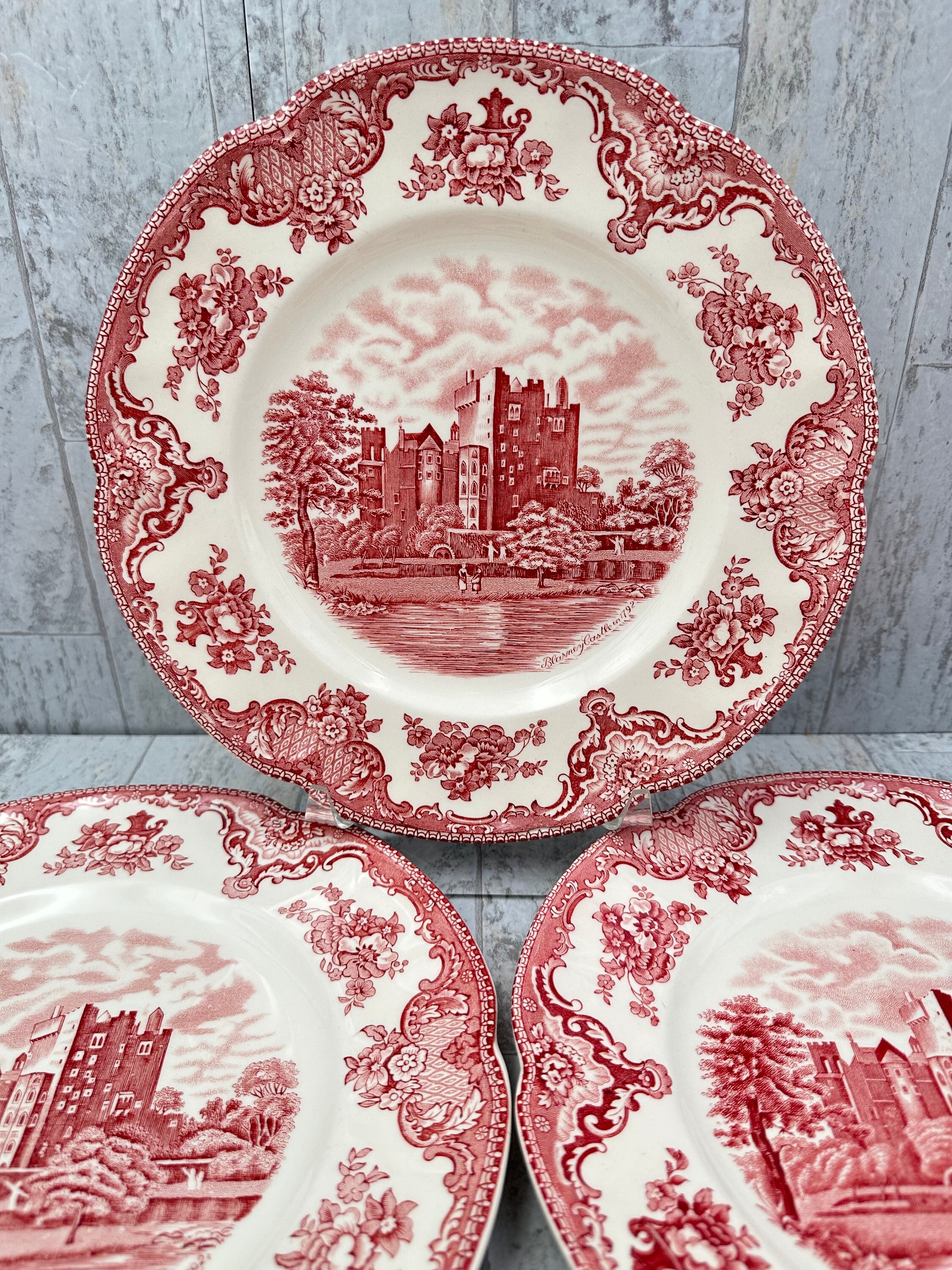 Vintage pink Transferware plates, Old Britain Castles, Blarney Castle ...