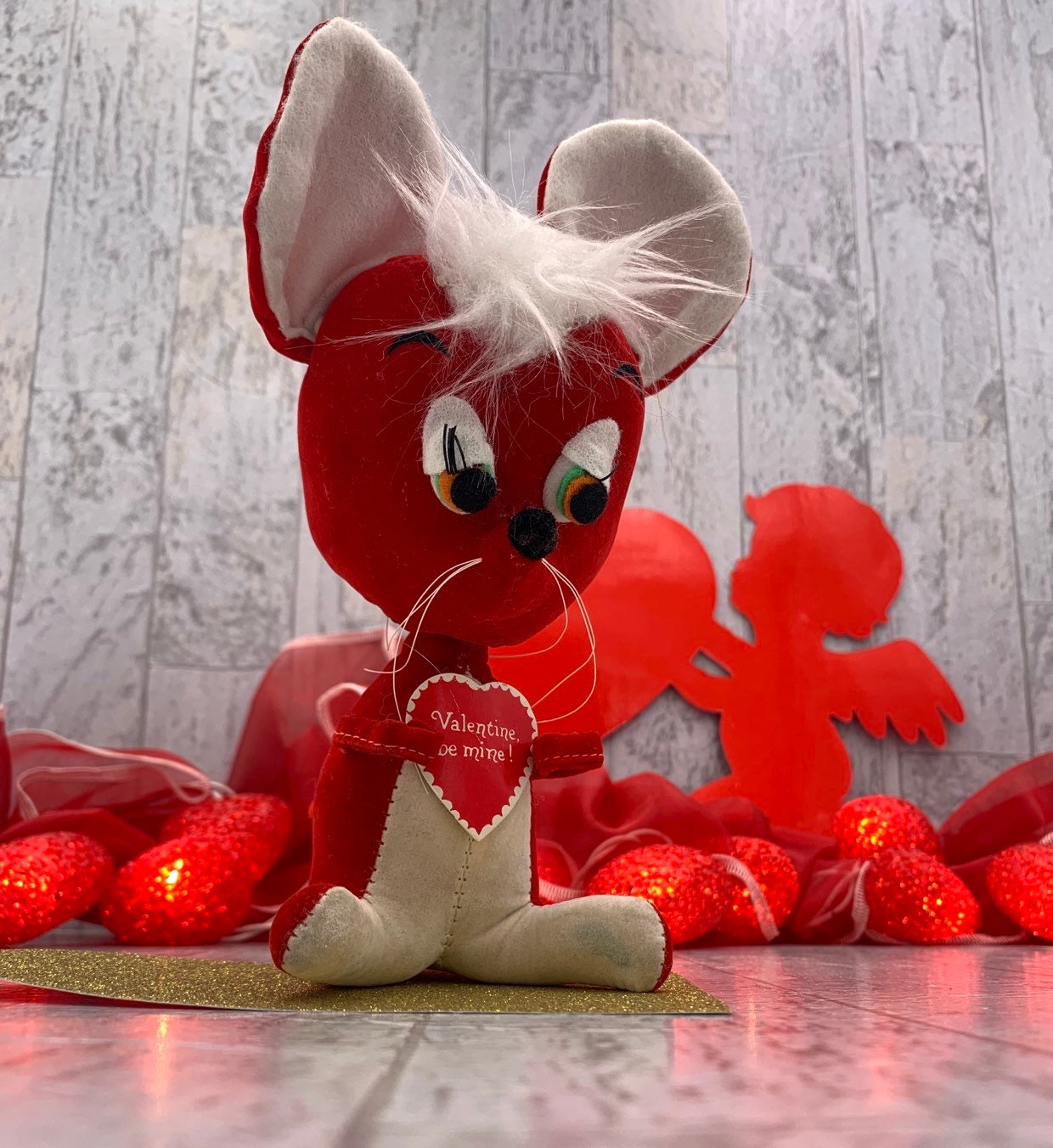 Vintage Red Velvet Valentine Mouse, Stuffed Be My Valentine Big eared ...