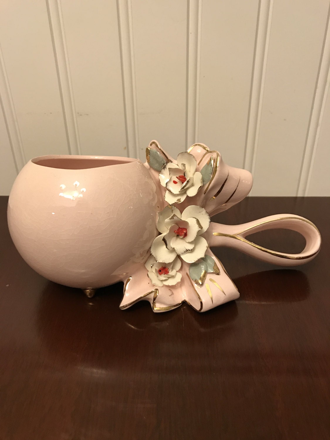 Vintage Pink Bow Baby rattle planter, flowers on pink ceramic, baby ...