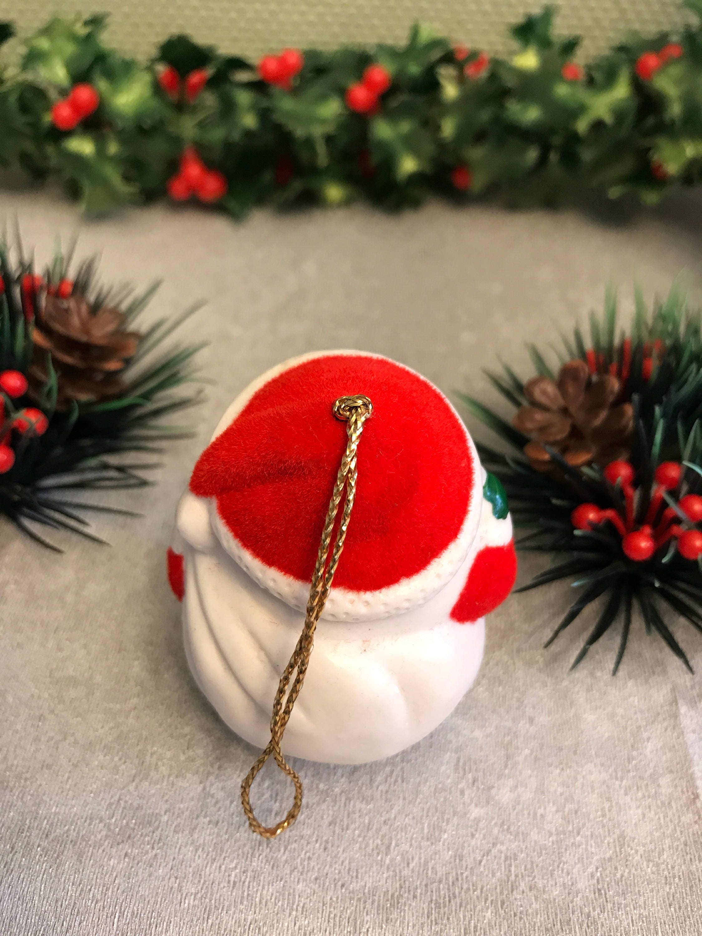 Vintage flocked Santa Bell Ornament, Porcelain bell Santa, Red flocked ...