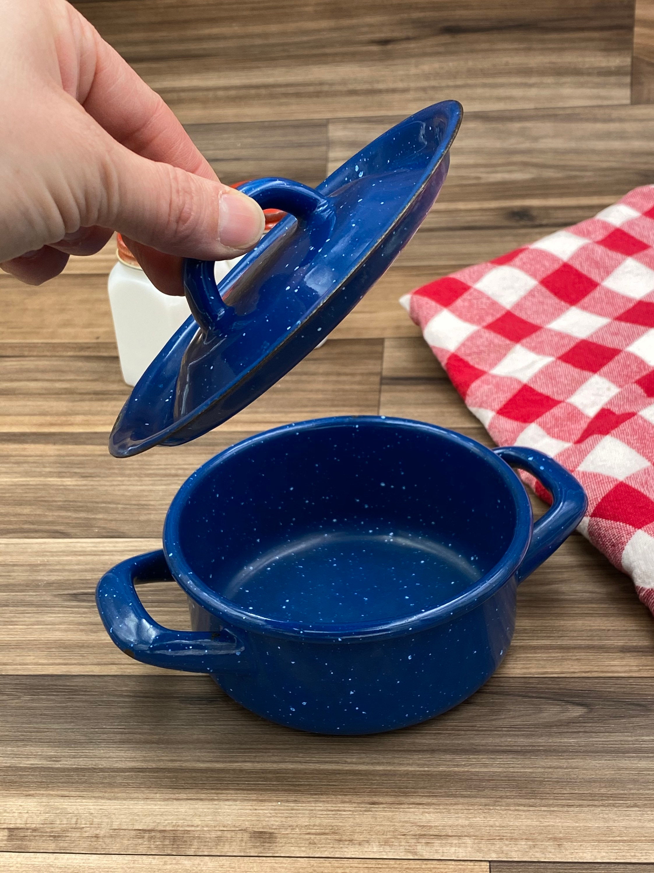 Vintage Graniteware Mini Pot, Enamel pot with handles, rustic farmhouse ...