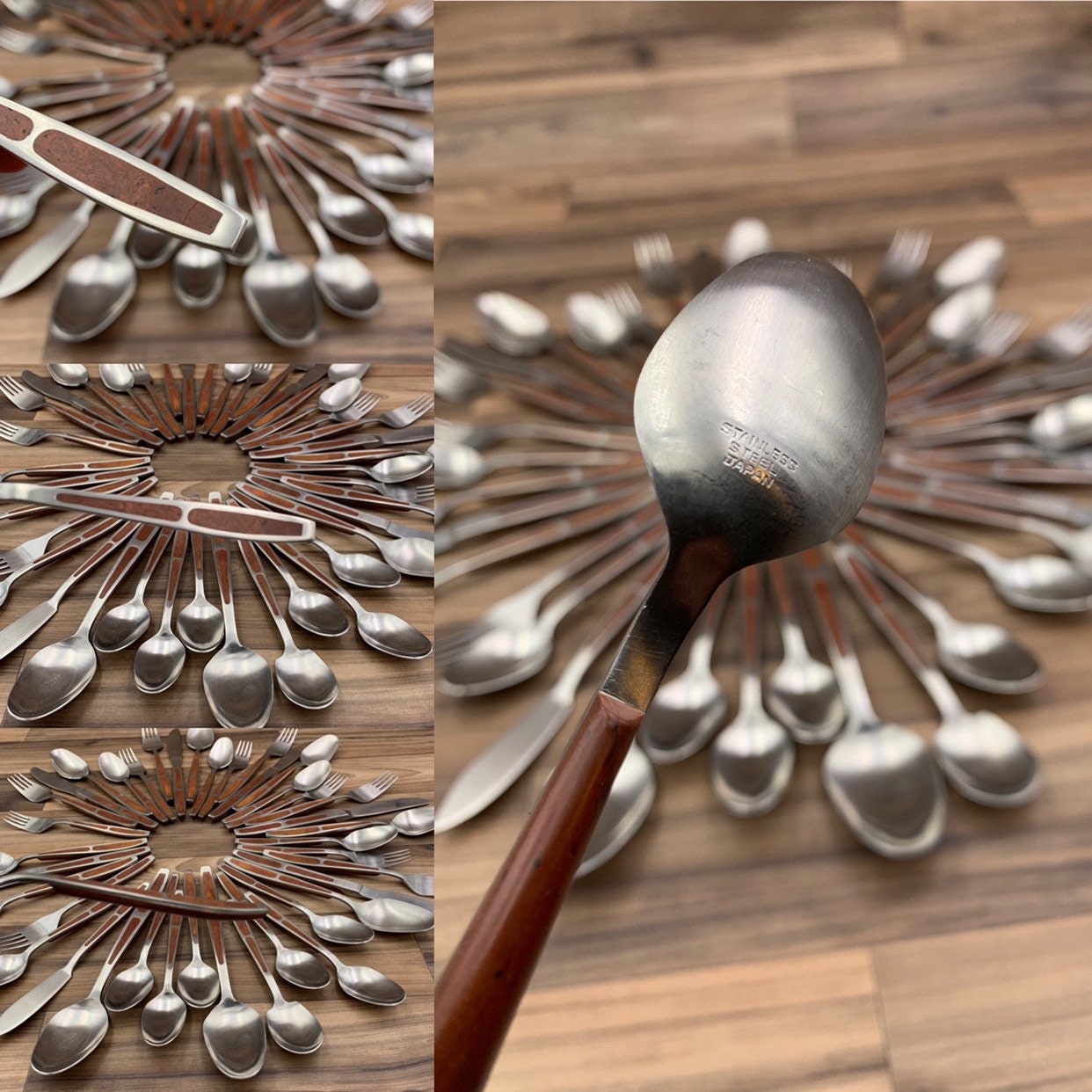 Vintage Flatware set with Brown Inset Handles, Stainless silverware set