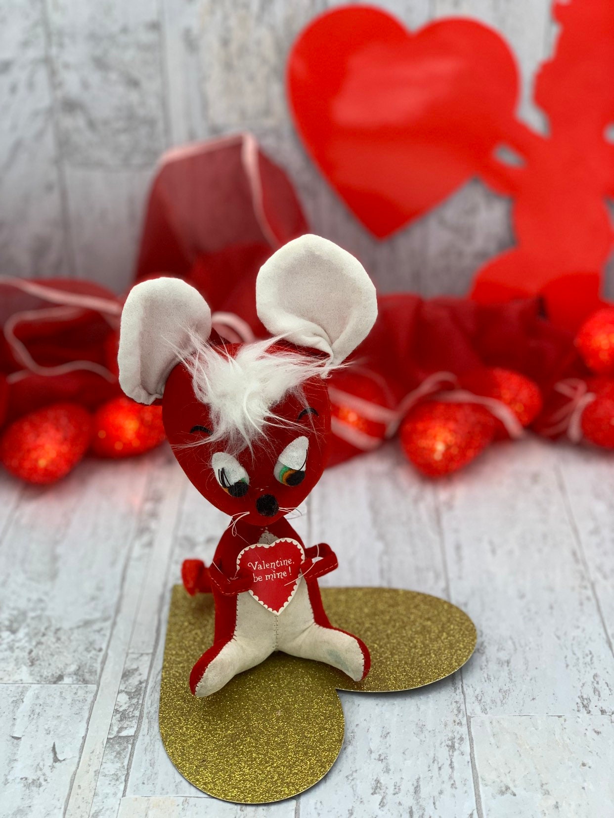 Vintage Red Velvet Valentine Mouse, Stuffed Be My Valentine Big eared ...