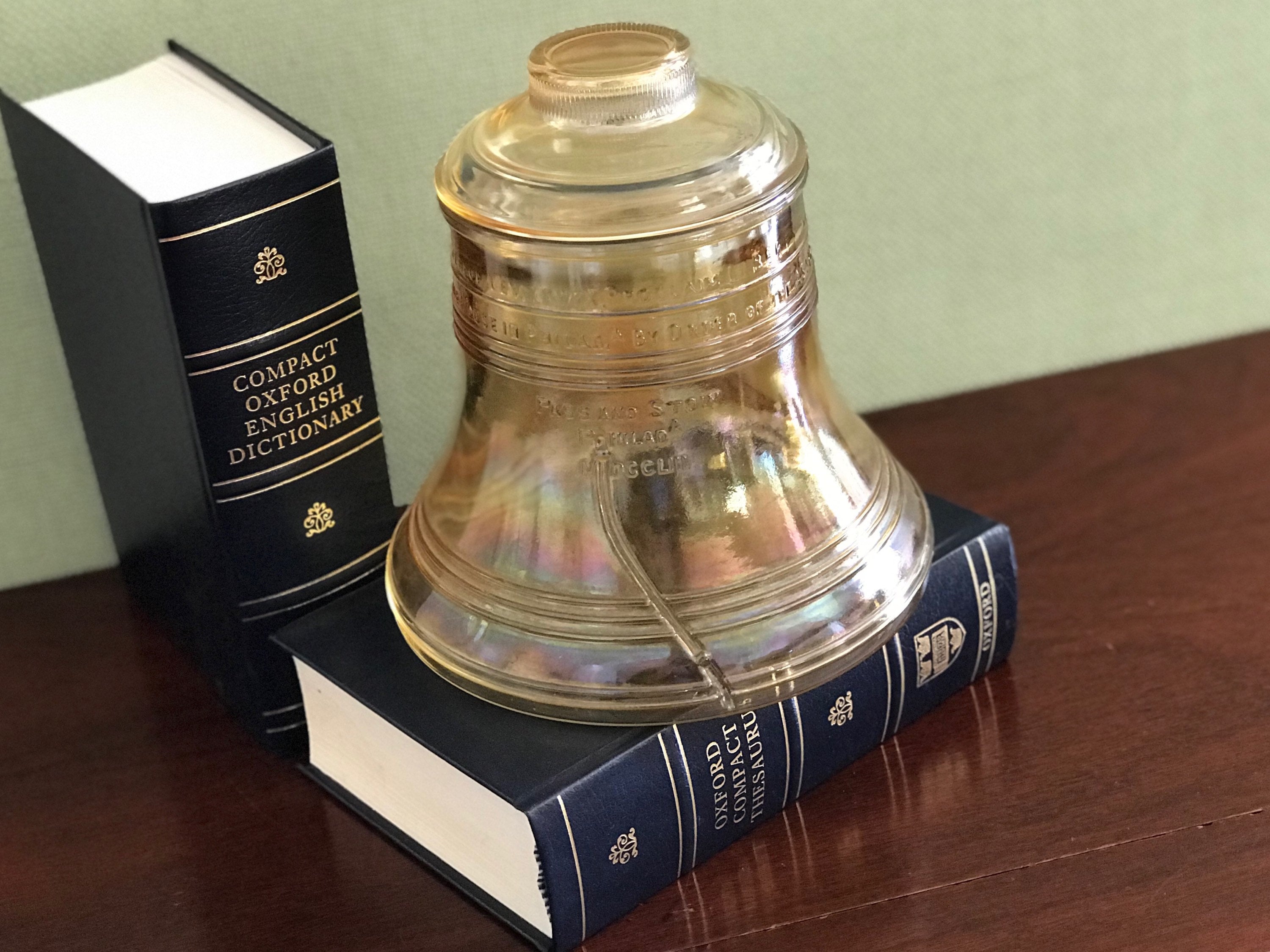 Vintage Liberty Bell Cookie Jar, iridescent glass storage jar ...
