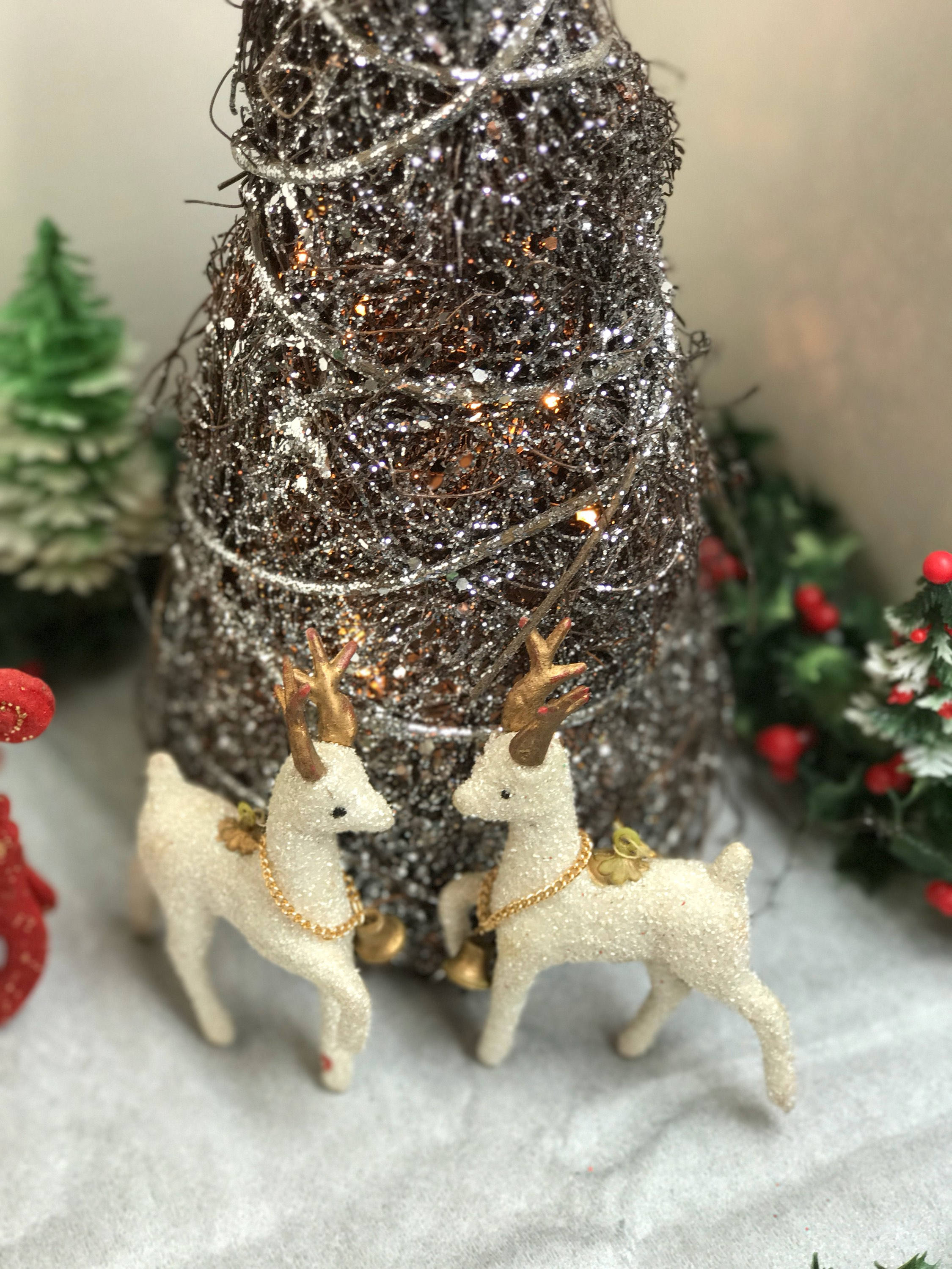 Vintage flocked White Reindeer ornaments, White and gold reindeer ...