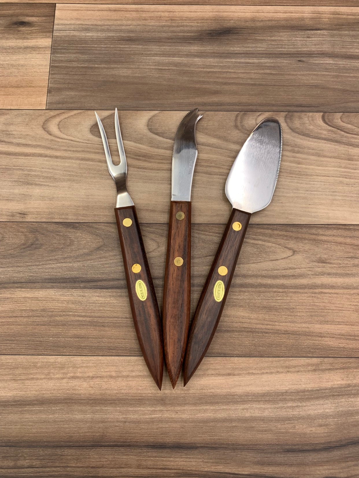 Vintage Cutlery set Wood Handled Flatware, Cheese serving set Stainless ...
