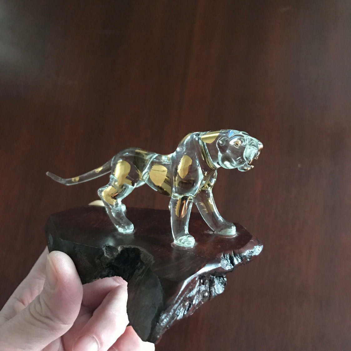 Glass Leopard mounted on polished wood, Gold leaf spots. Glass Animal ...