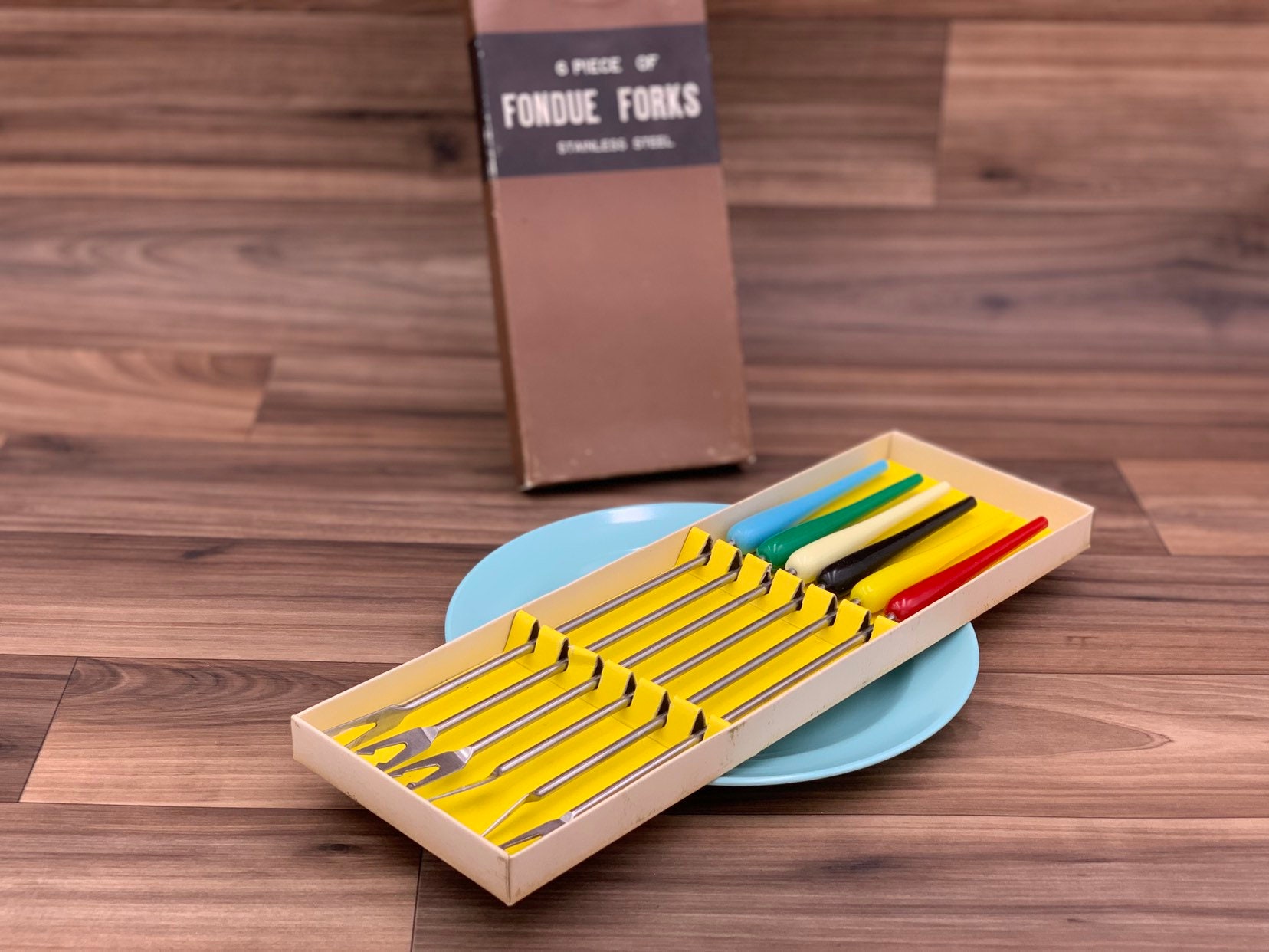 Vintage Fondue Forks, Retro Colored Plastic handles stainless steel ...