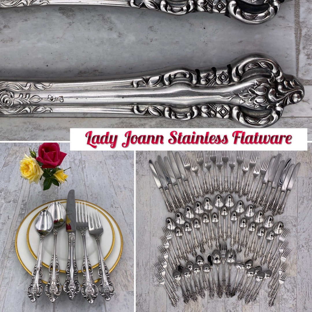Vintage Stainless Flatware Set, Large Service for 12 Rose Pattern ...