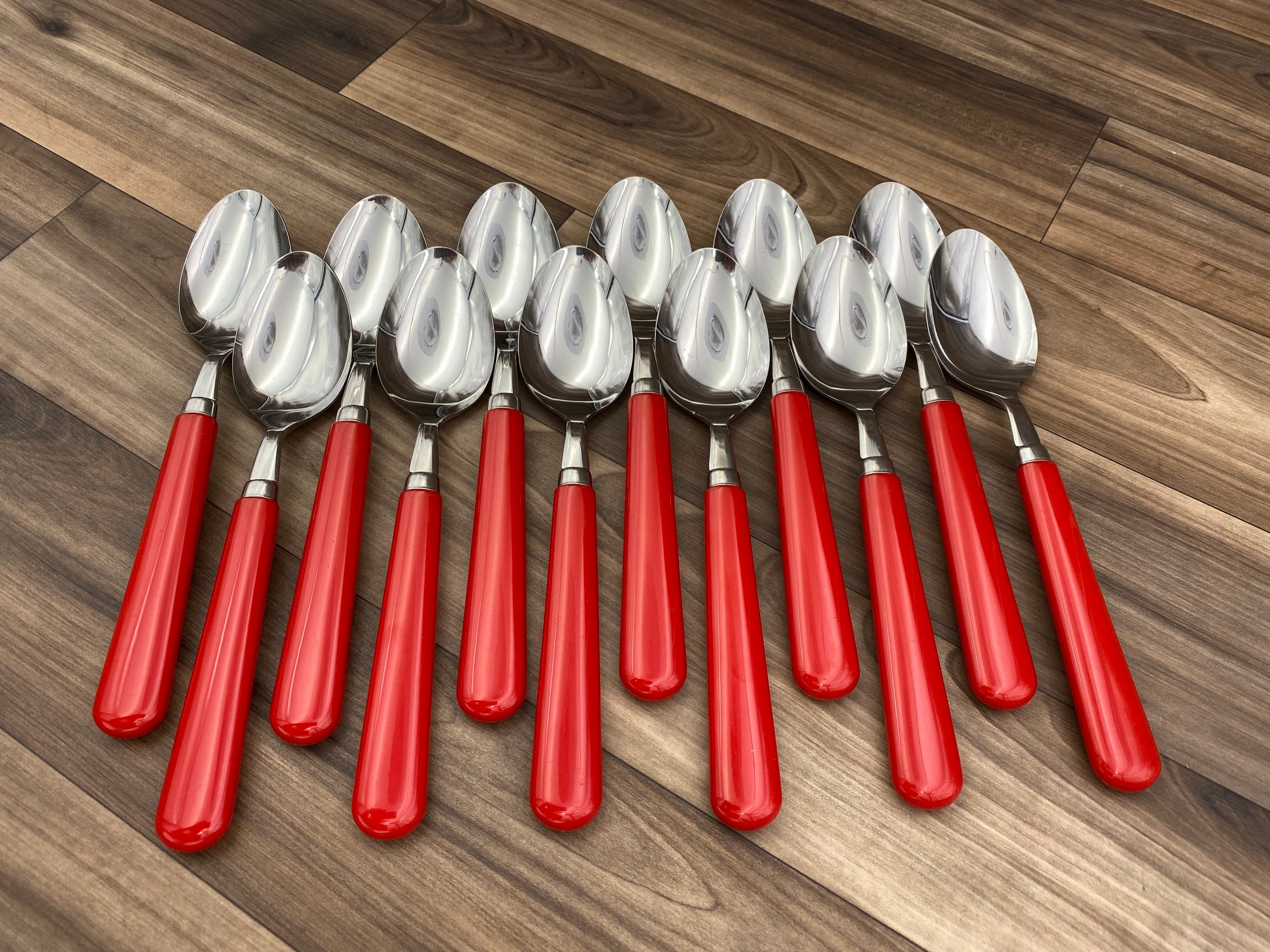 Vintage Flatware Set, Service for 12, Stainless Steel Red Handles ...