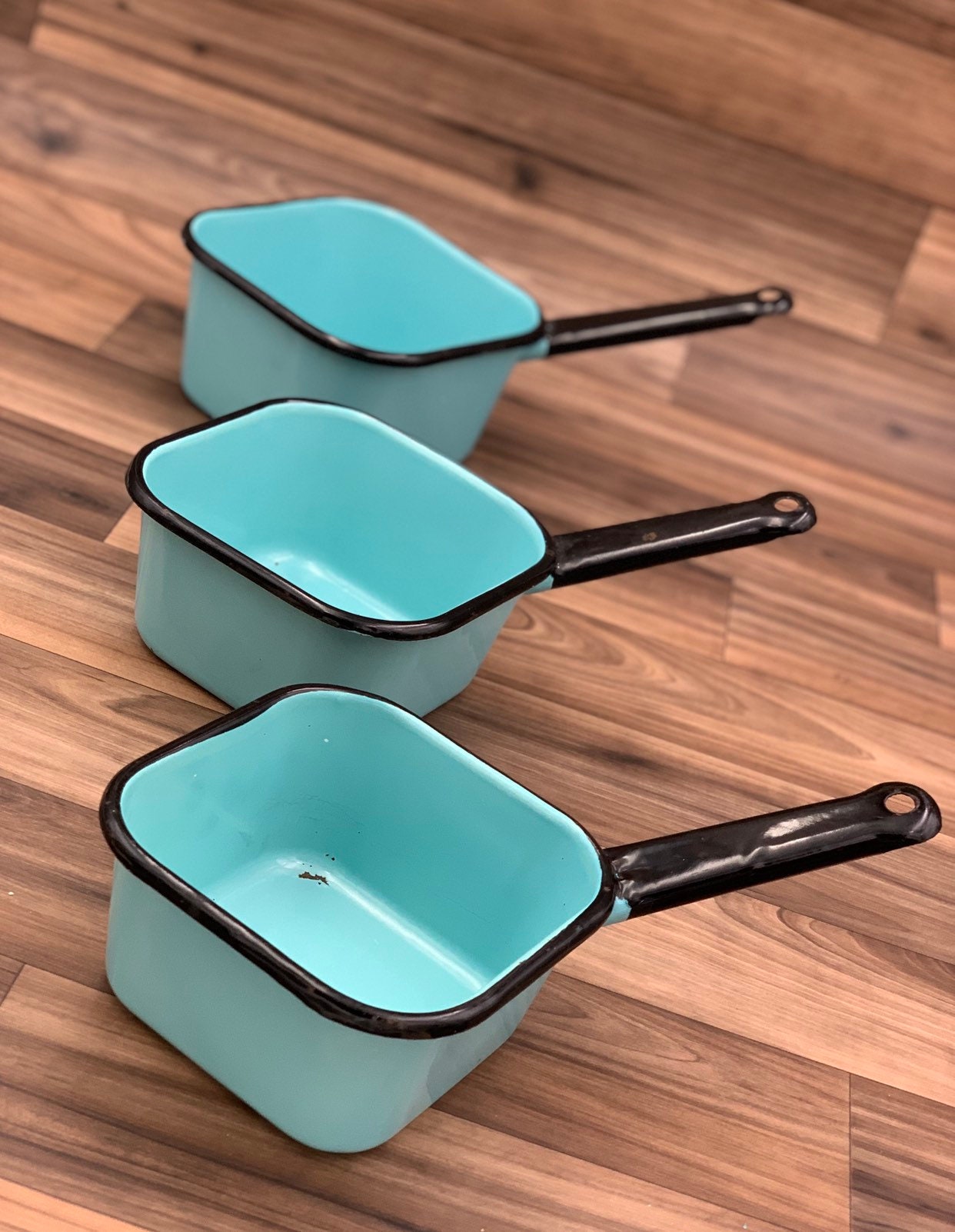 Vintage Square Enamelware sauce pan set, Aqua enamelware rustic ...